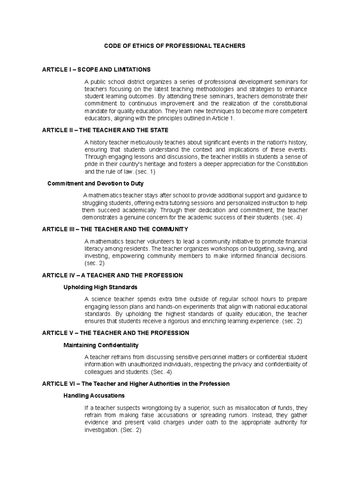 CODE OF Ethics OF Professional Teachers - CODE OF ETHICS OF ...