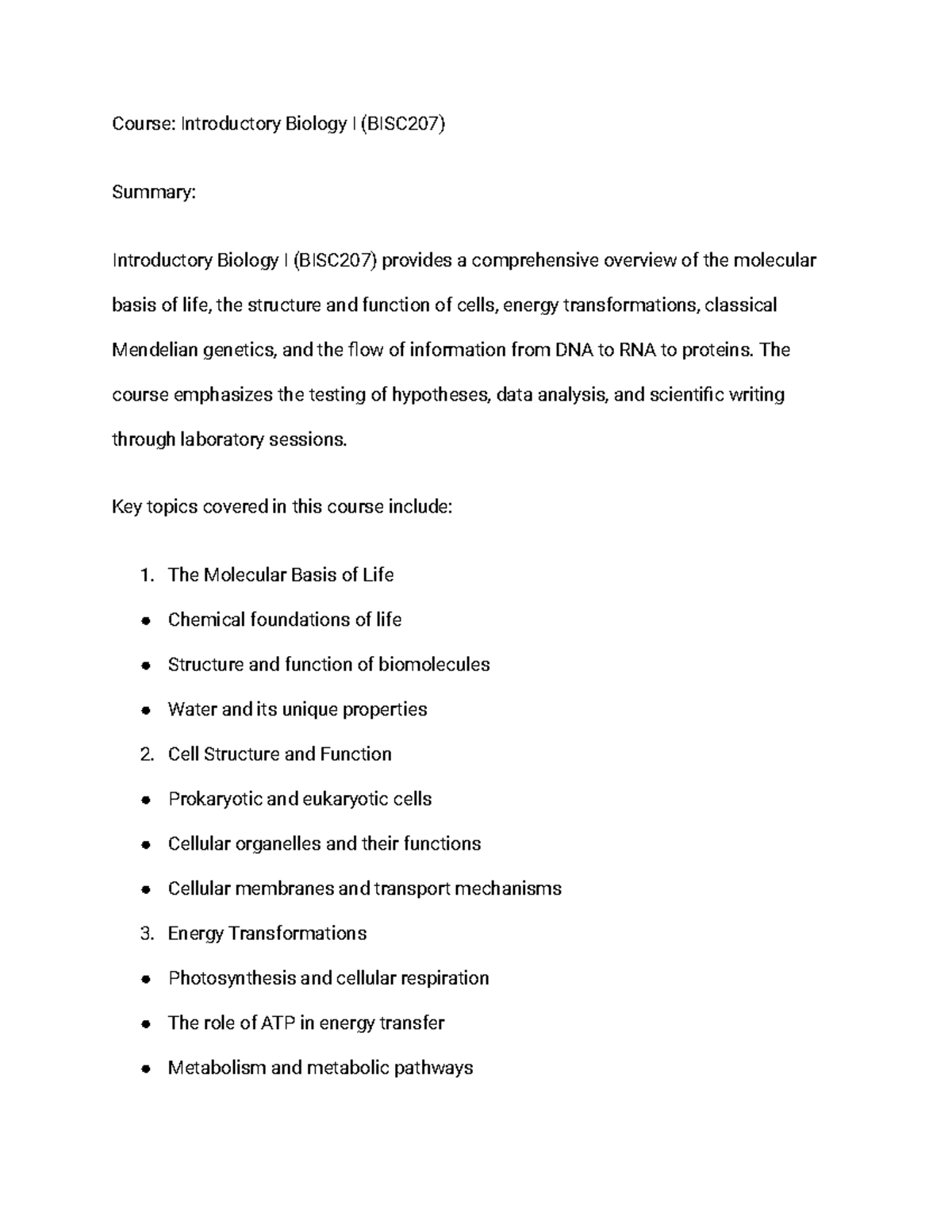 BISC207 Course summary - Course: Introductory Biology I (BISC207 ...