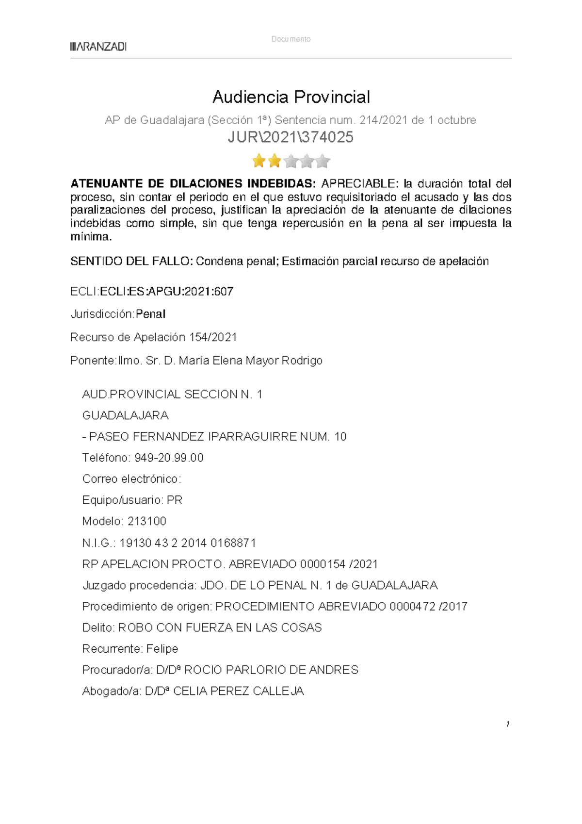 Jur AP de Guadalajara (Seccion 1a) Sentencia num. 214-2021 de 1 octubre ...