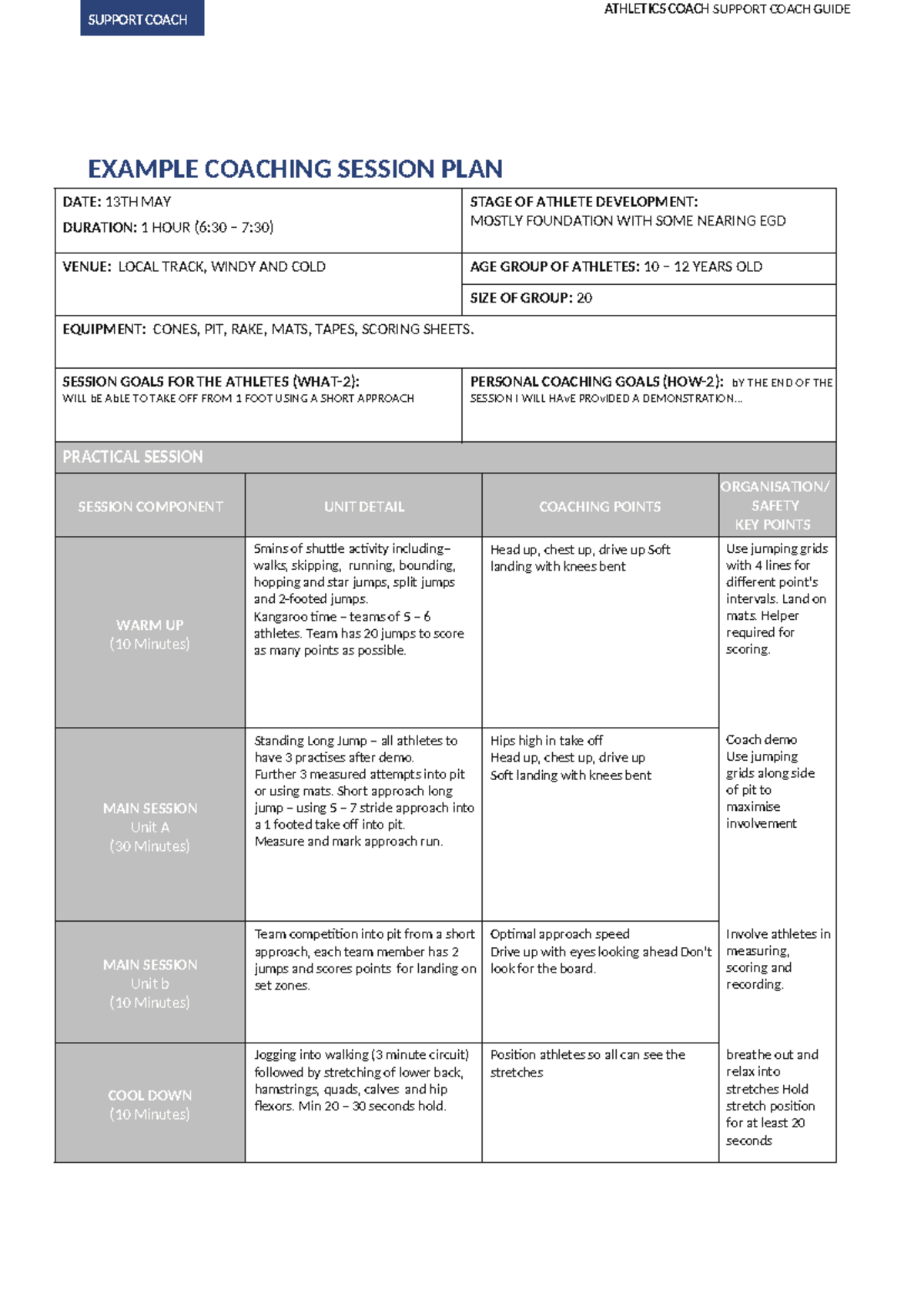 Sports session - safdasfd - ATHLETICS COACH SUPPORT COACH GUIDE EXAMPLE ...