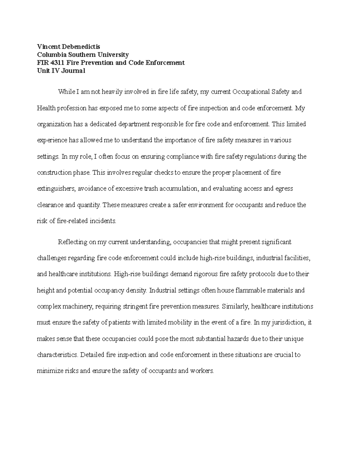 Unit IV Journal FIR 4311 Fire Prevention and Code Enforcement - Vincent ...