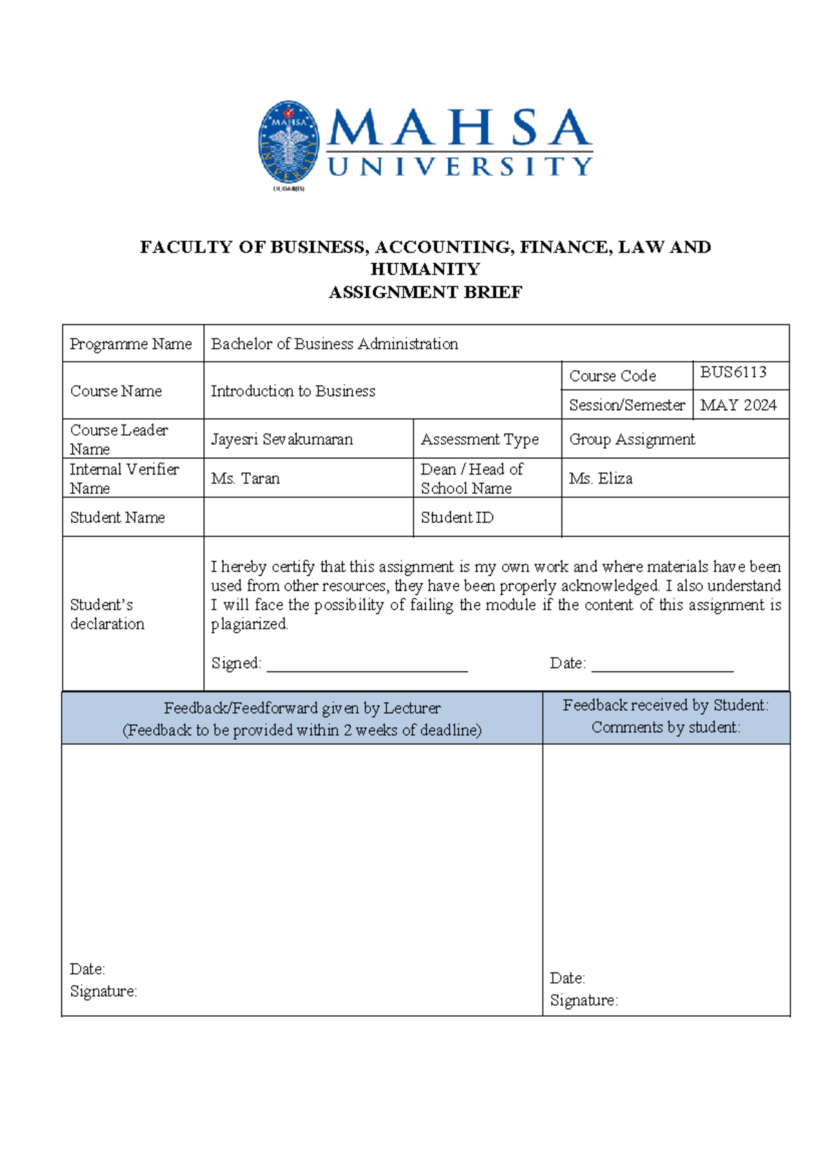 ITB Assignment Brief MAY2024 - FACULTY OF BUSINESS, ACCOUNTING, FINANCE, LAW AND HUMANITY ...