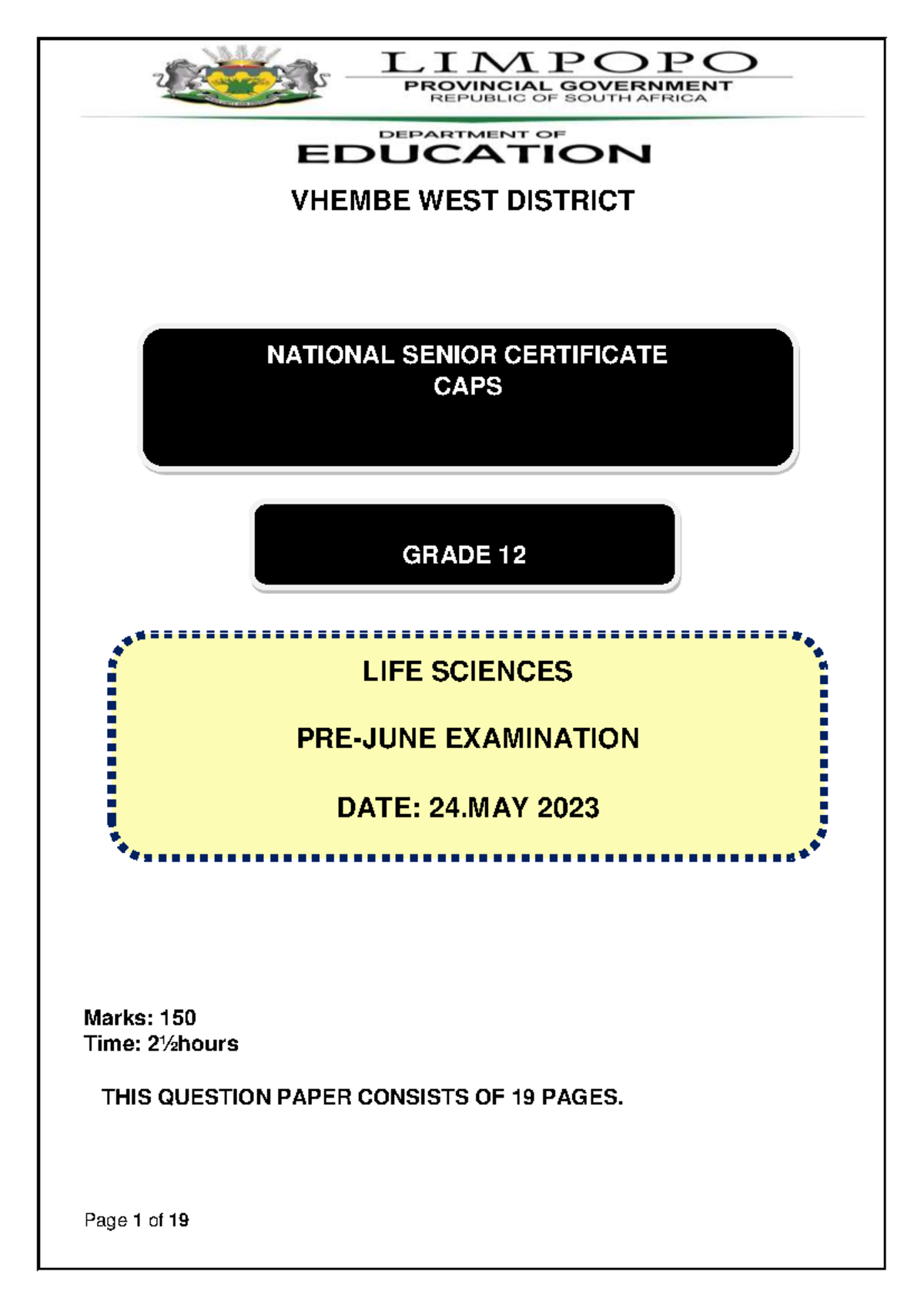 LIFE Sciences PRE-JUNE Examination- Grade 12 - VHEMBE WEST DISTRICT ...