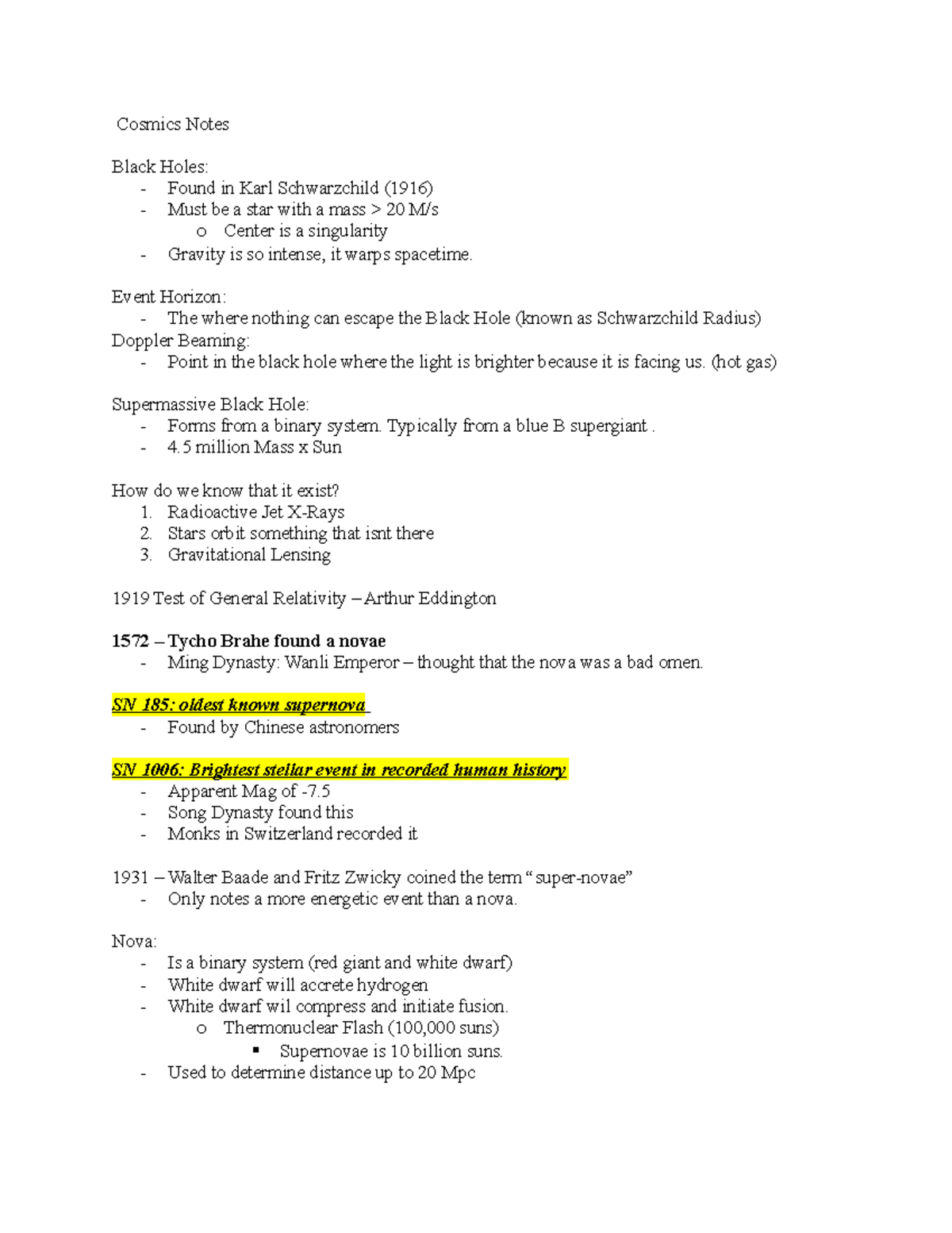 Cosmic Notes - Cosmics Notes Black Holes: - Found in Karl Schwarzchild ...