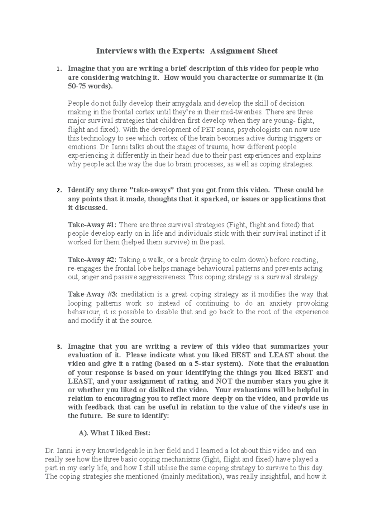 Interviews with Experts Reflection Sheet Assignment 2 – Dr. Ianni ...