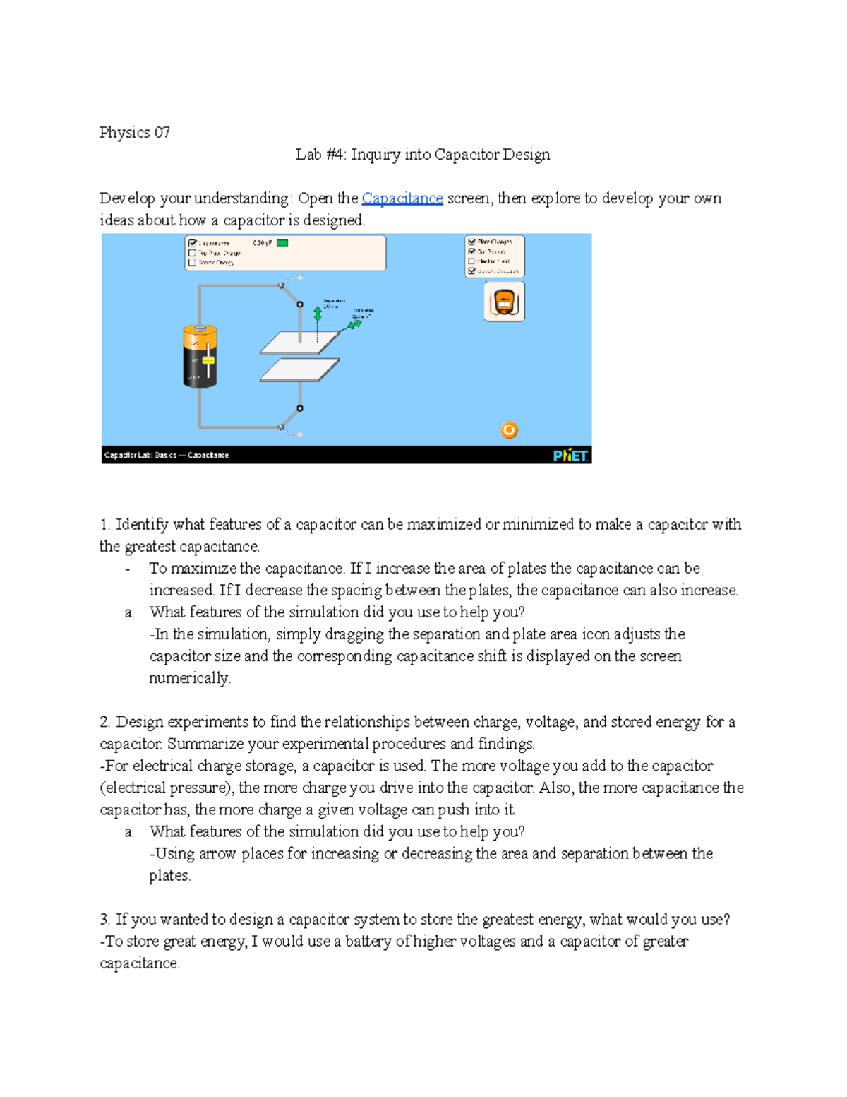 Physics 7 Lab #4 Inquiry into Capacitor Design - Physics 07 Lab #4 ...