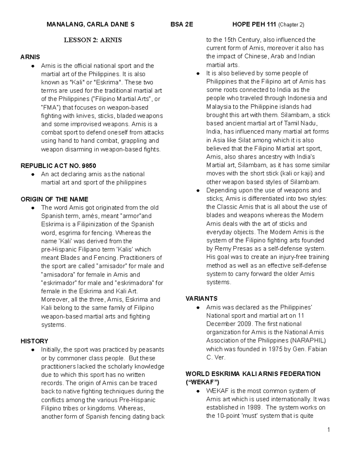 PE-Lesson-2 -Arnis - Chapter 2 - MANALANG, CARLA DANE S BSA 2E HOPE PEH ...