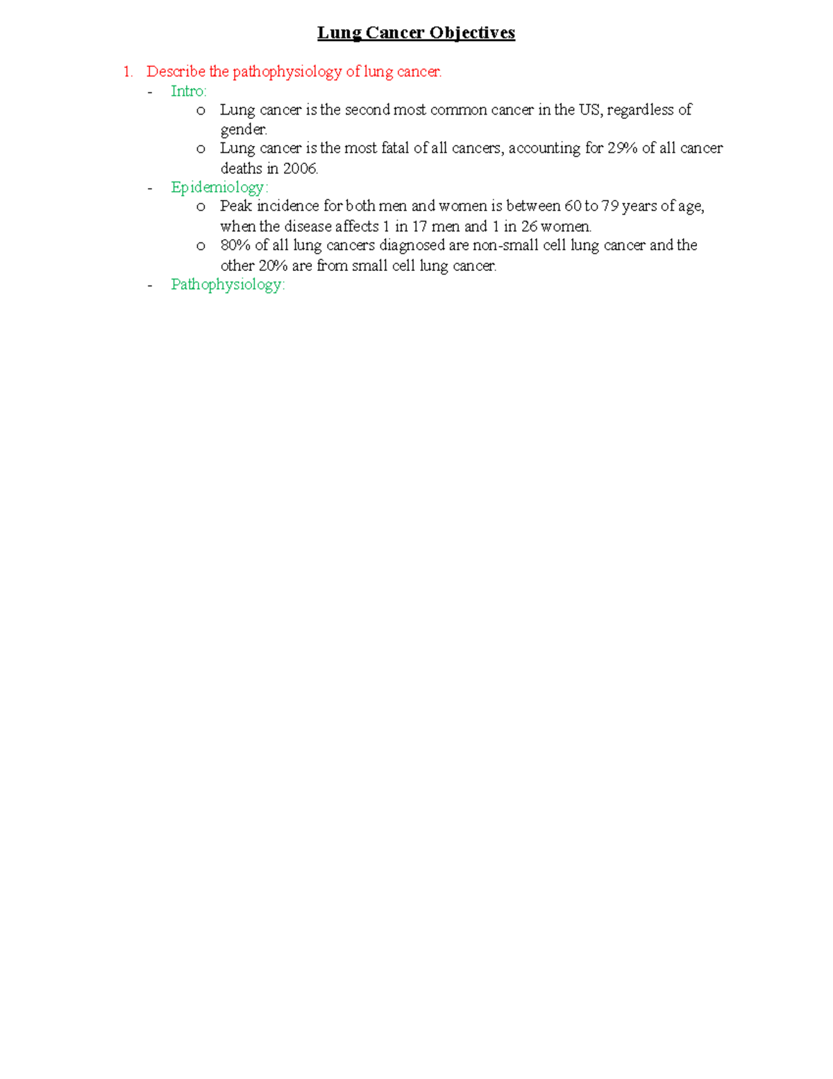 Lung Cancer Goals - Class & reading notes - Lung Cancer Objectives ...