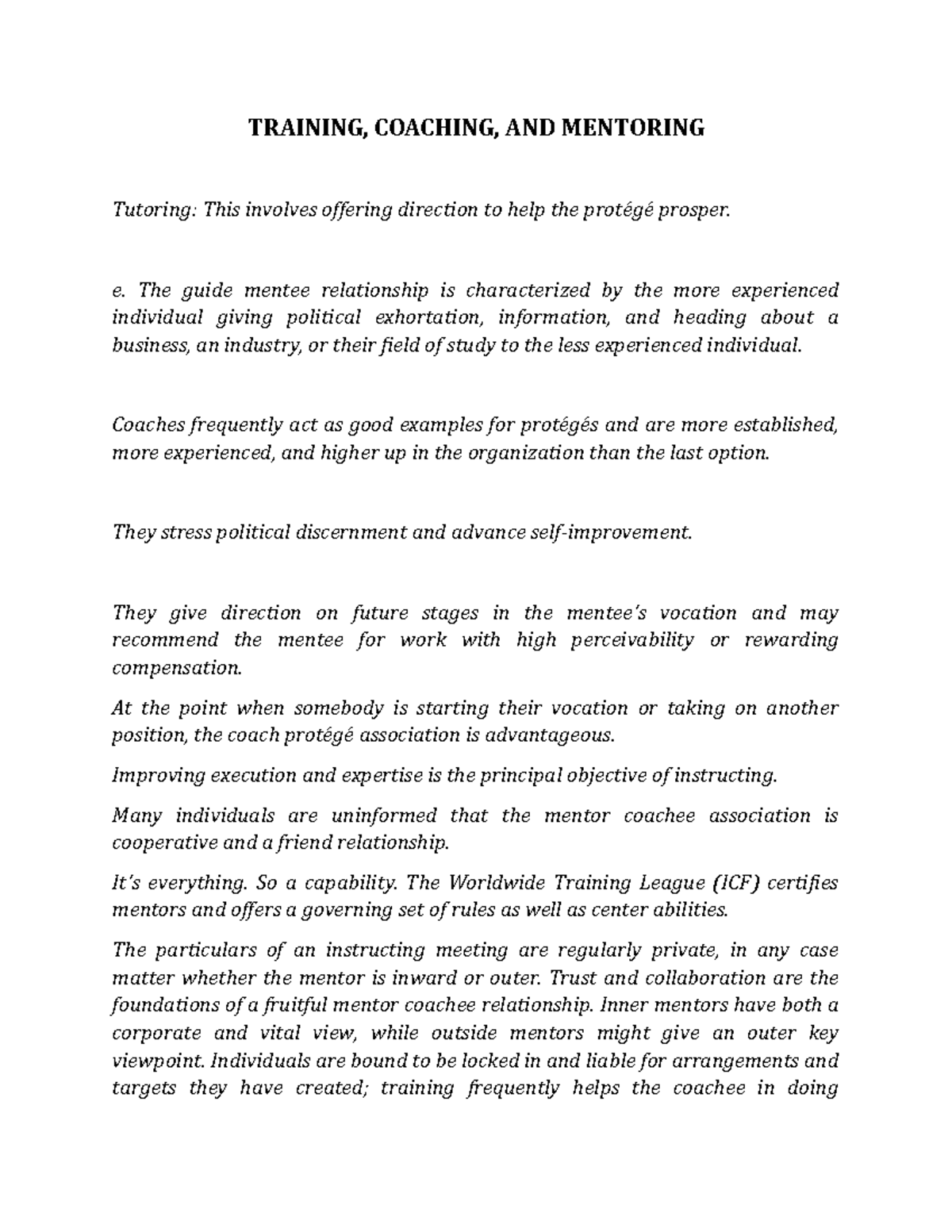 Training, Coaching, AND Mentoring - TRAINING, COACHING, AND MENTORING ...
