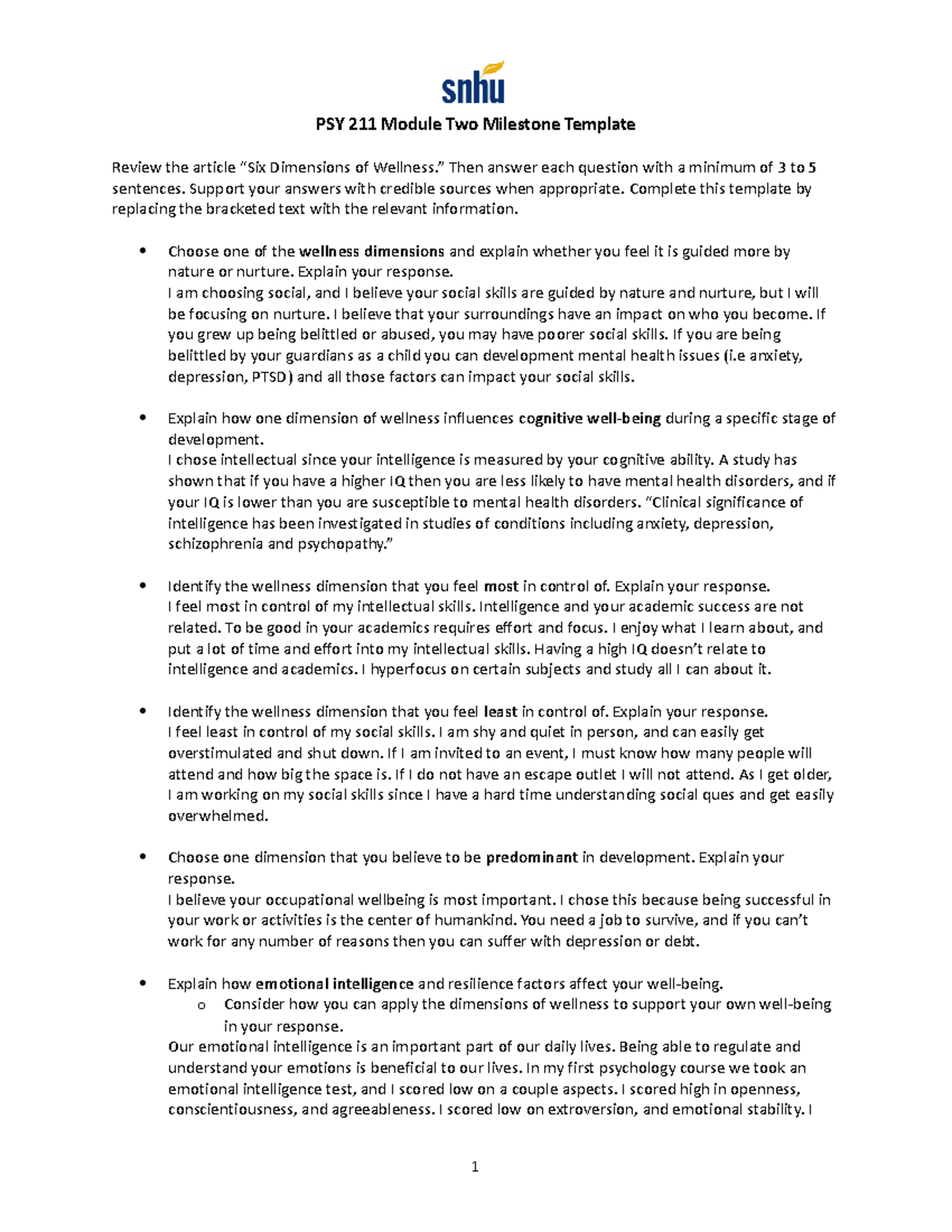 PSY 211 Module Two Milestone Template - PSY211 - SNHU - Studocu
