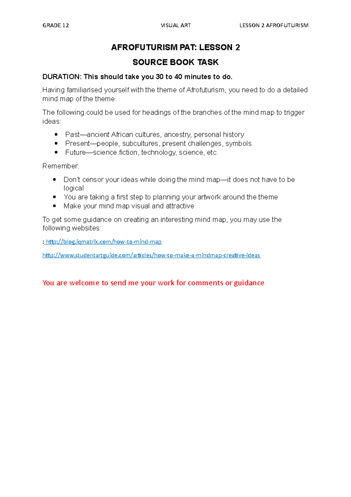 Gr 12 Vis Art Lesson 2 Afrofuturism - GRADE 12 VISUAL ART LESSON 2 ...