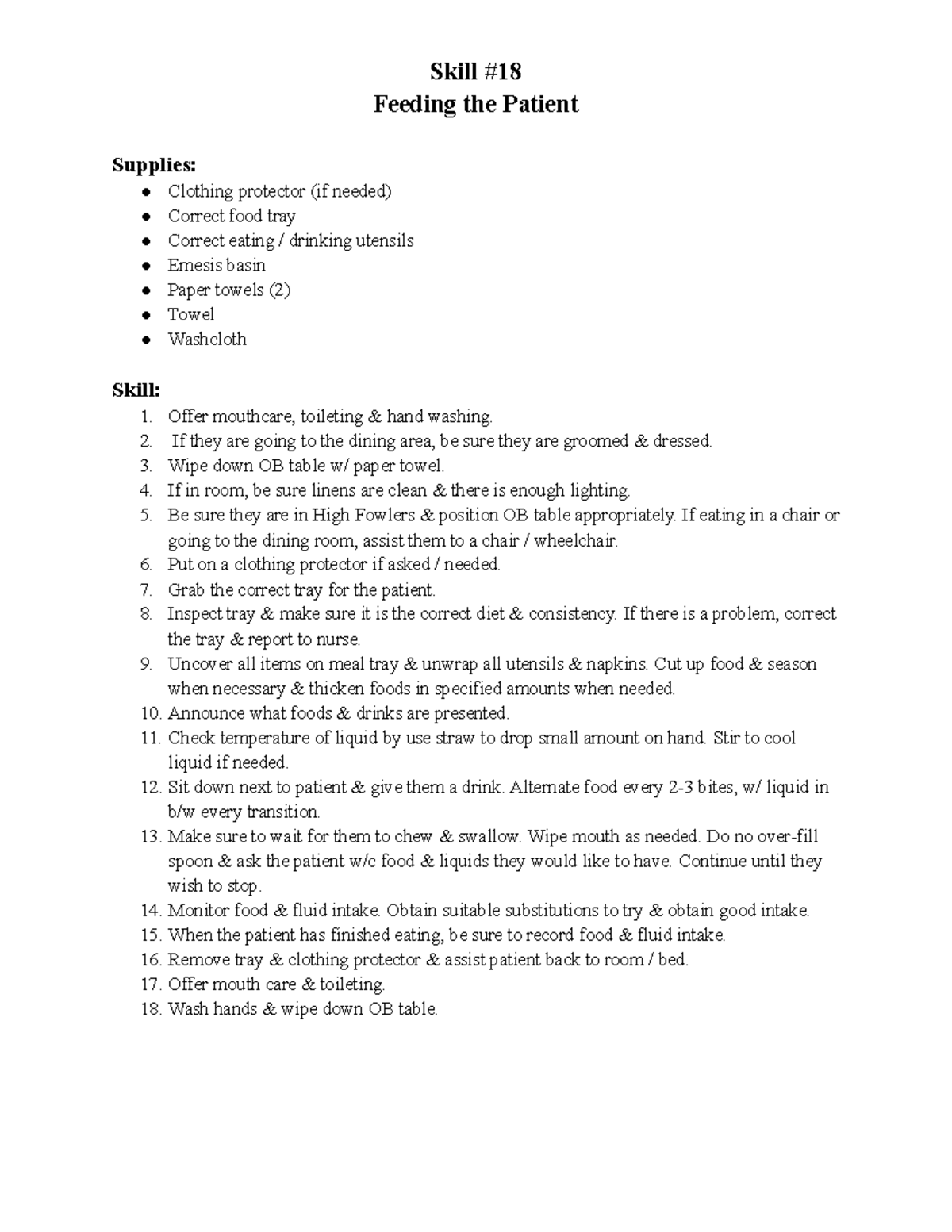Red Cross CNA Skill #18 - Feeding - Skill Feeding the Patient Supplies ...