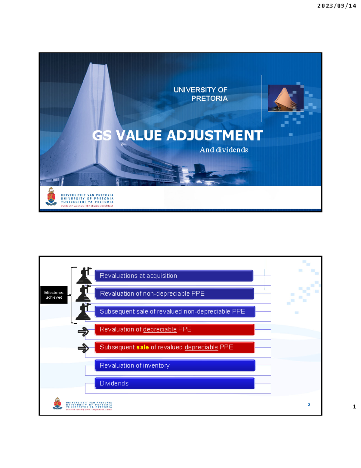 Value adjustments and dividends Lecture 3 - 1 UNIVERSITY OF PRETORIA GS ...