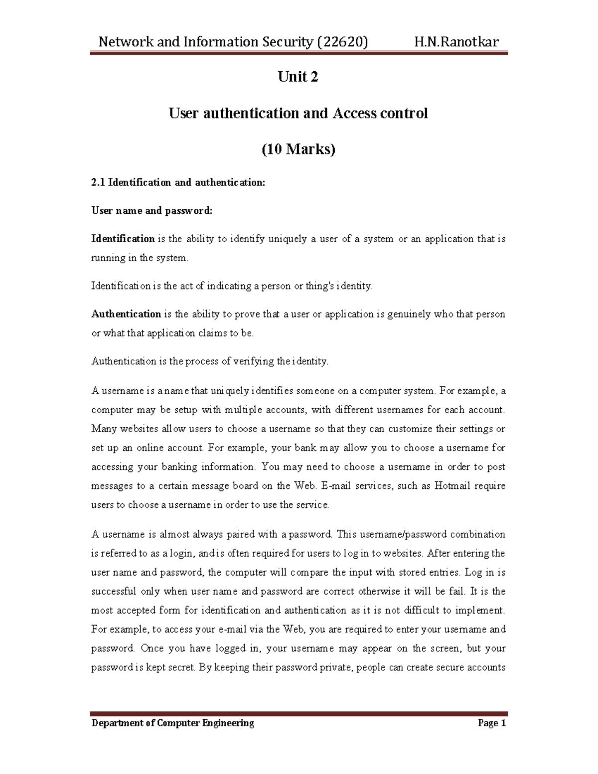 Unit 2-1 - Unit 2 User authentication and Access control (10 Marks) 2 Identification and - Studocu
