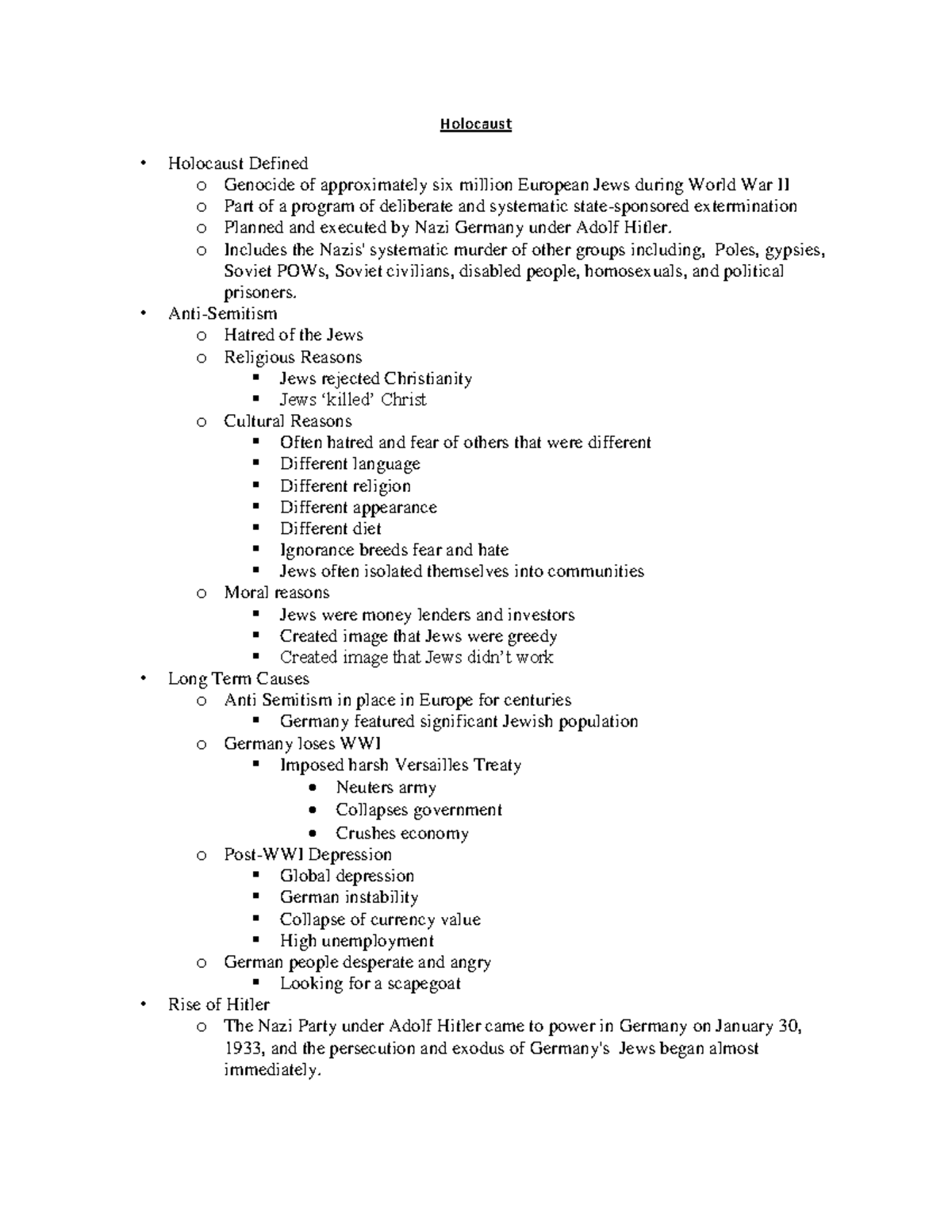 history of Holocaust leacture notes - Holocaust Holocaust Defined o ...