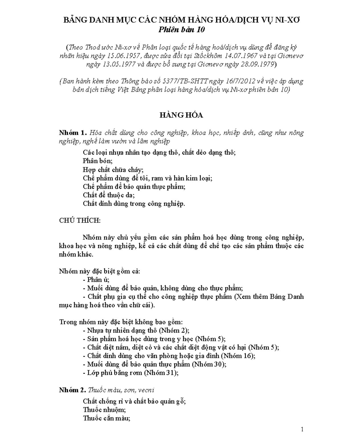 Heading Nice10 - OLJFF - BẢNG DANH MỤC C¡C NH”M H¿NG H”A/DỊCH VỤ NI-XƠ PhiÍn bản 10 ( Theo Thoả ...