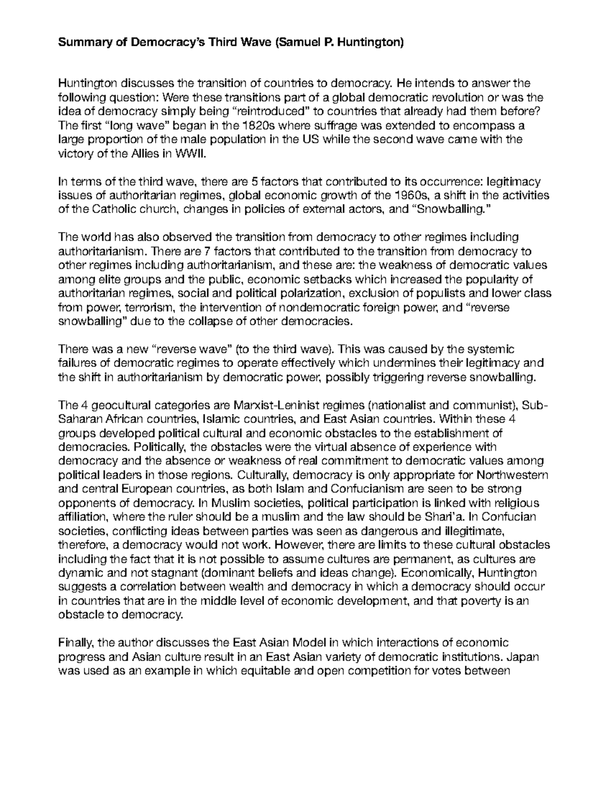 Summary - Democracy’s Third Wave - Summary of Democracy’s Third Wave ...