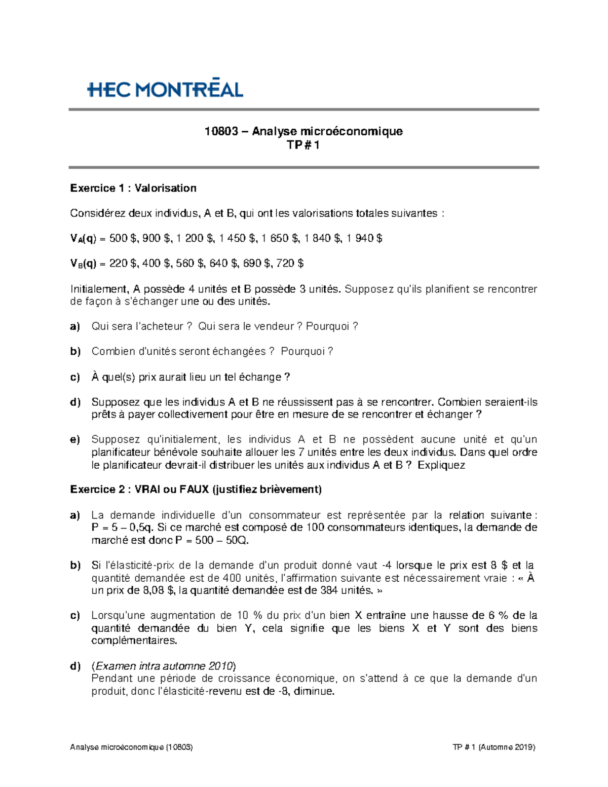 TP1 A2019 FR - tp exercices - Analyse microéconomique (10803) TP # 1 (Automne 2019 ) 10803 ...