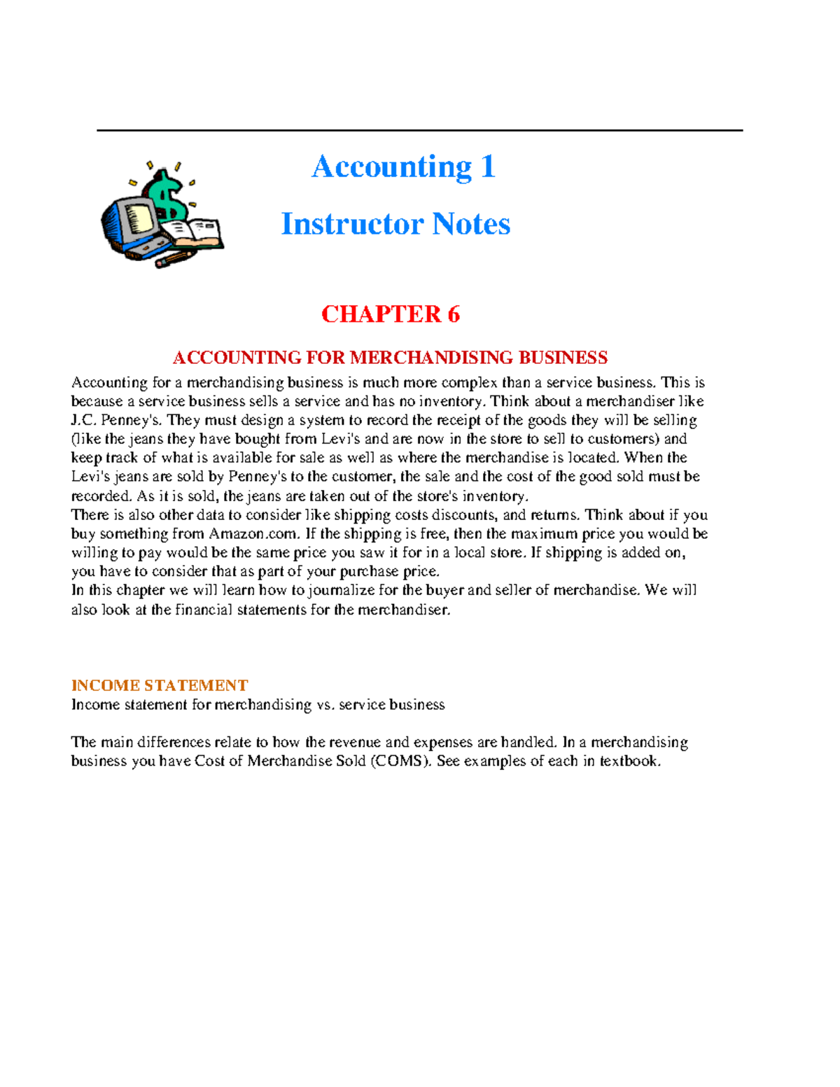 Acctg - Accounting 1 Instructor Notes CHAPTER 6 ACCOUNTING FOR ...