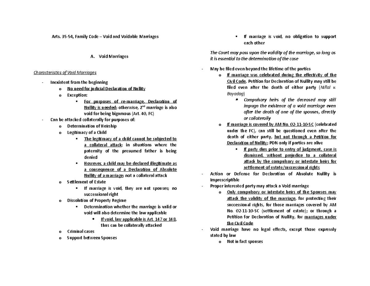 Arts. 35-54, Family Code - Void and Voidable Marriages - Arts. 35-54 ...