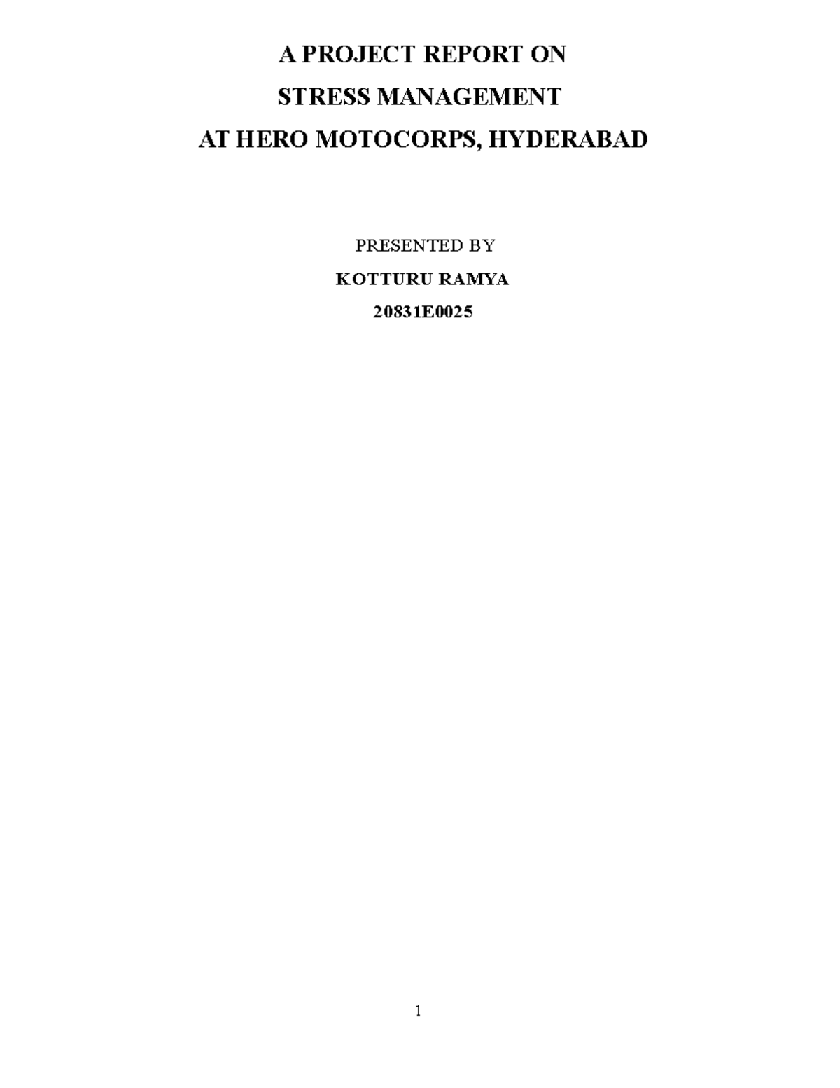 Stress Management AT HERO Motocorp Limited - A PROJECT REPORT ON STRESS ...
