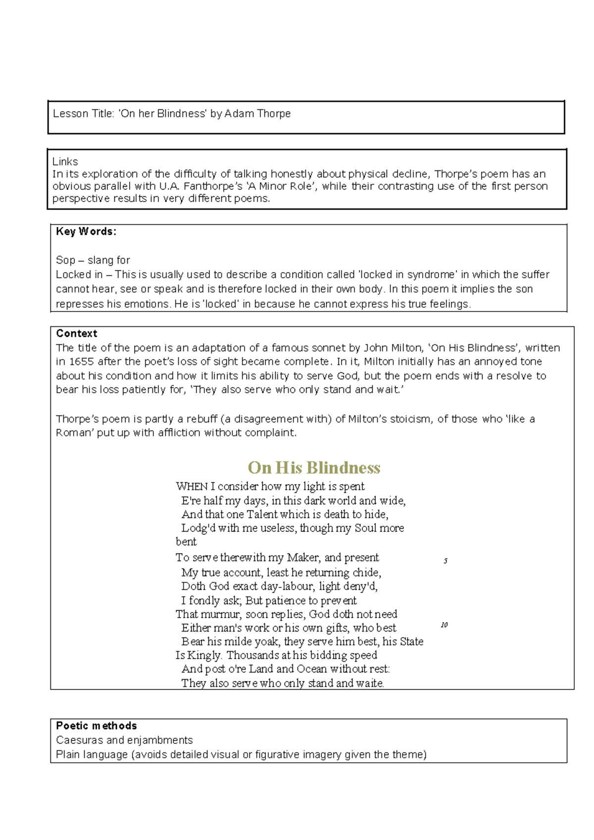 poems of the decade - Lesson Title: ‘On her Blindness’ by Adam Thorpe ...