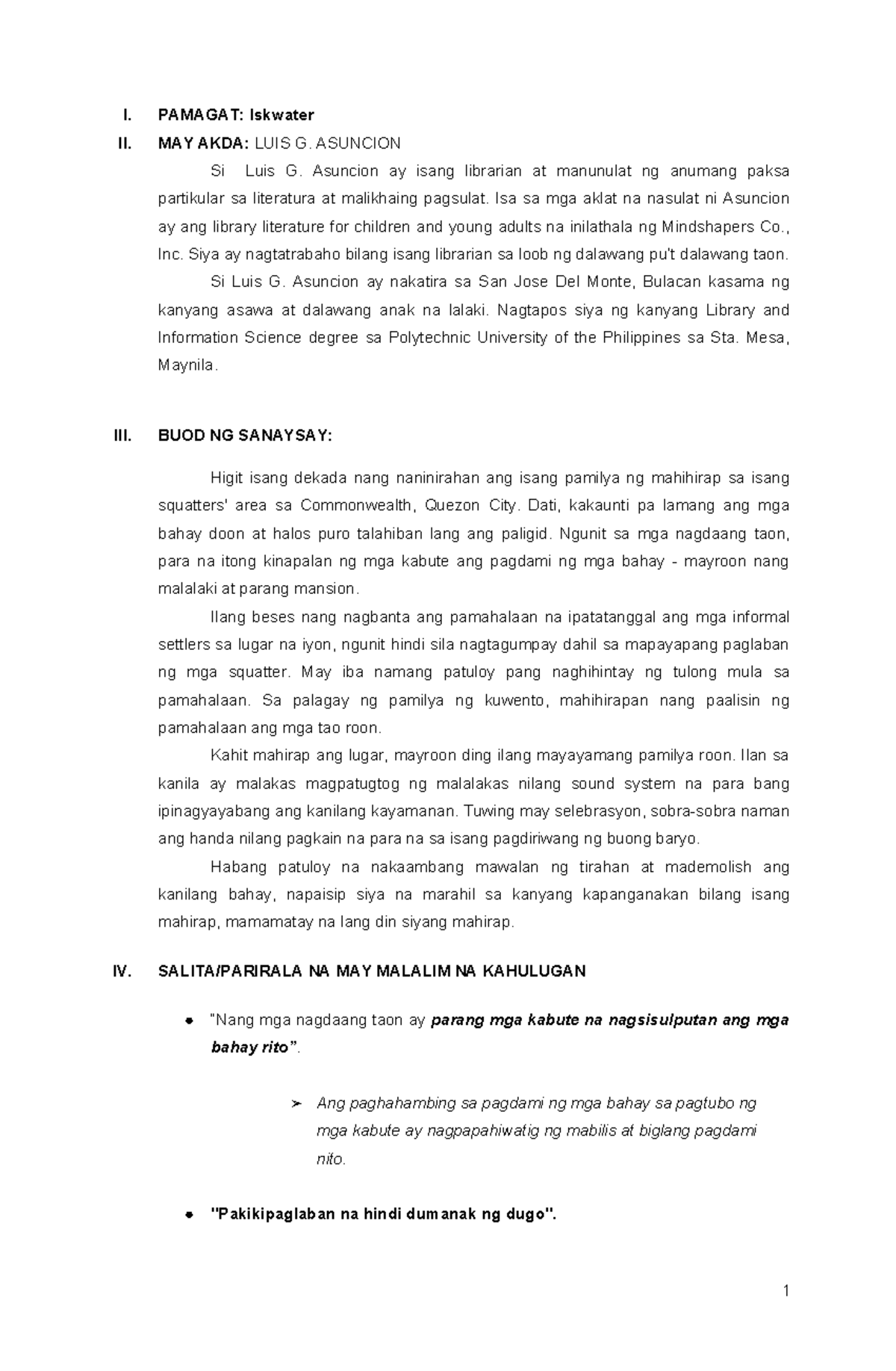 Kahirapan- Iskwater - I. PAMAGAT: Iskwater II. MAY AKDA: LUIS G ...