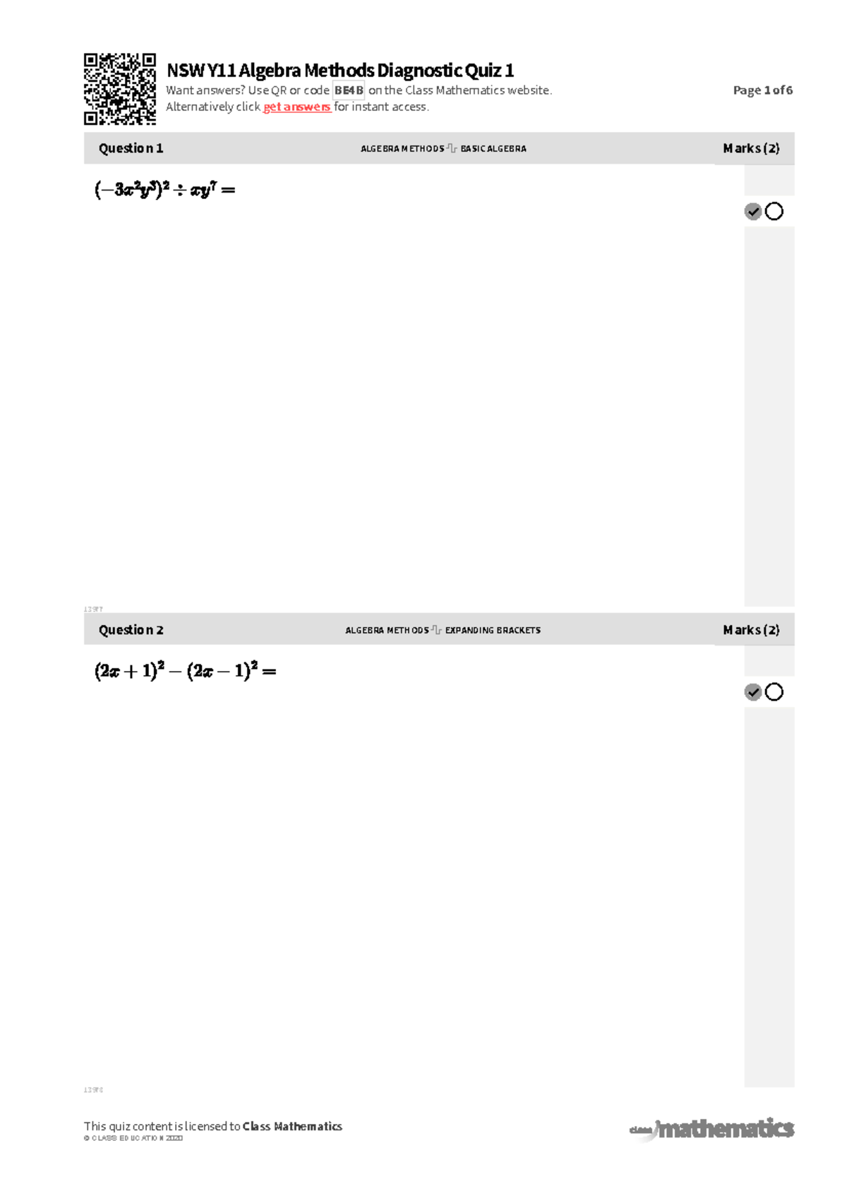 NSW Y11 Algebra Methods Diagnostic Quiz 1 15732 - Question 1 ALGEBRA ...