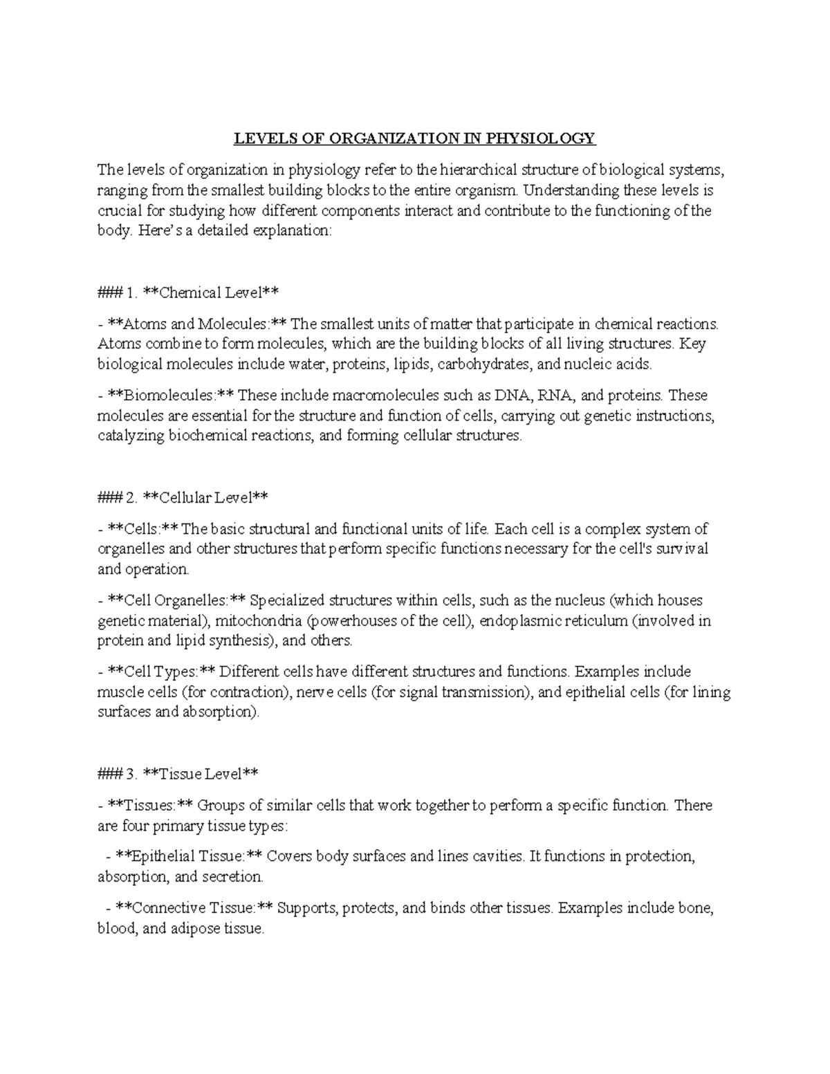 Paper 3 unit 1 third sem - LEVELS OF ORGANIZATION IN PHYSIOLOGY The ...