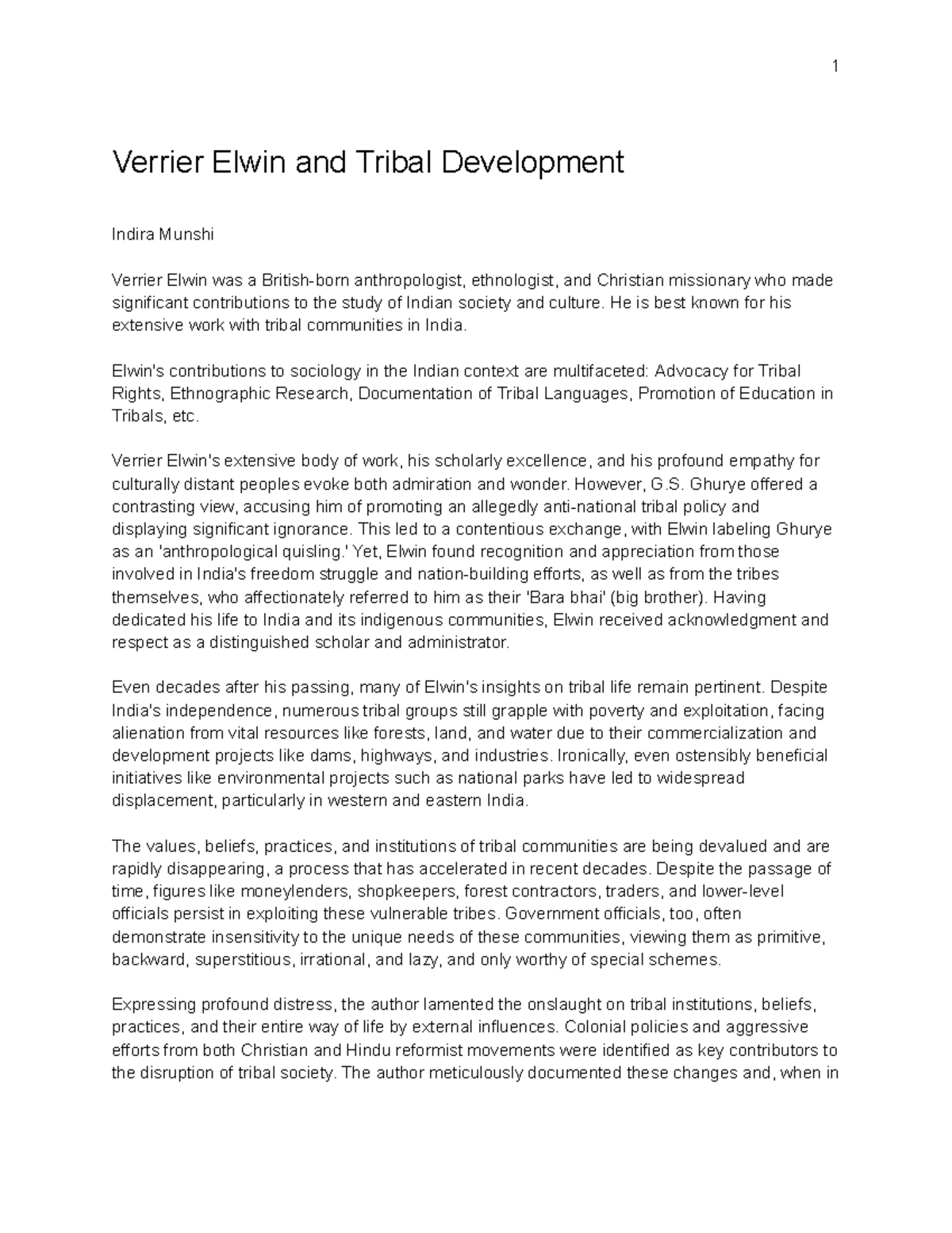 elwin and srinivas summary - Verrier Elwin and Tribal Development ...