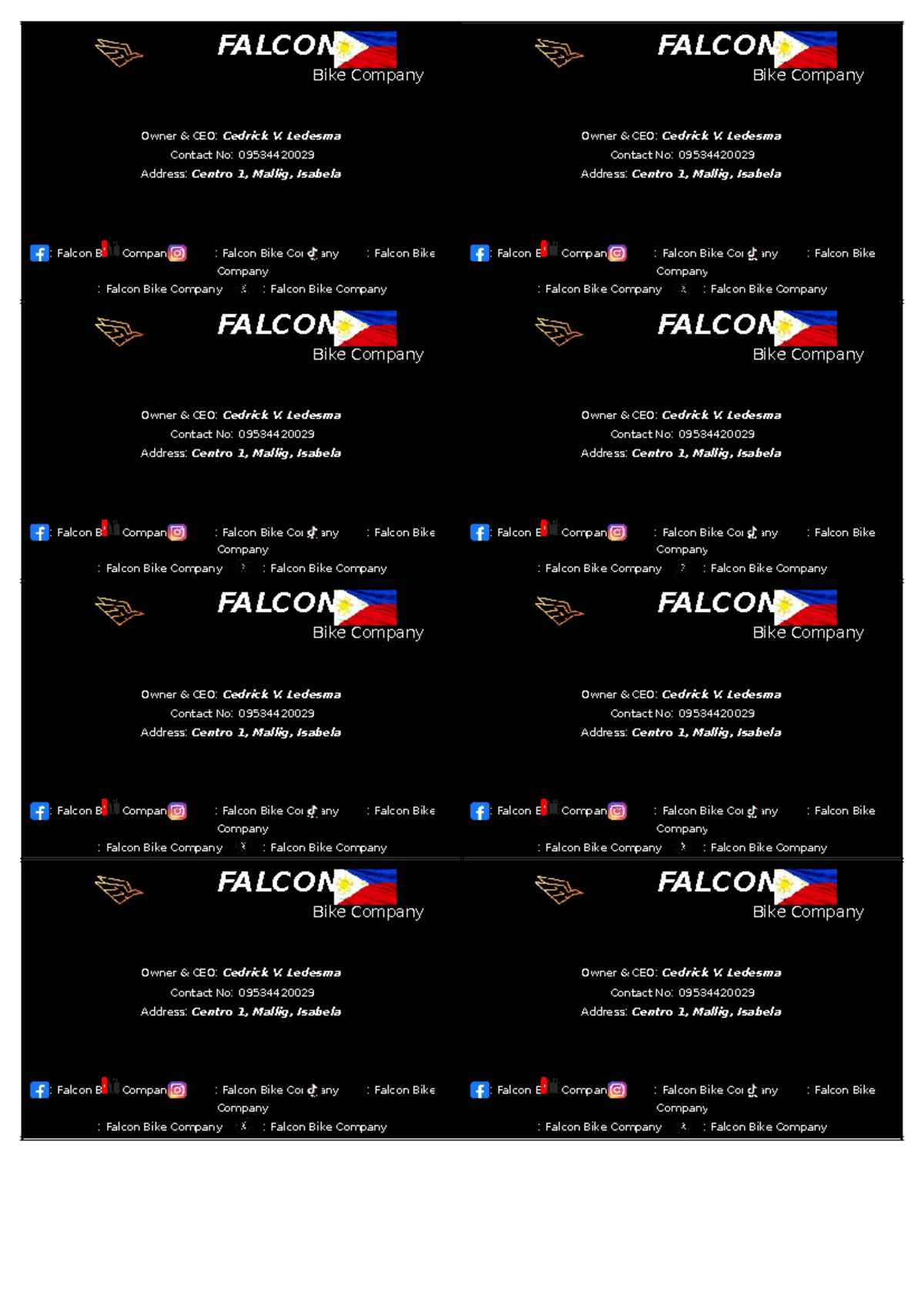 Falcon Business Card - TIME SCALE - FALCON Bike Company Owner & CEO ...