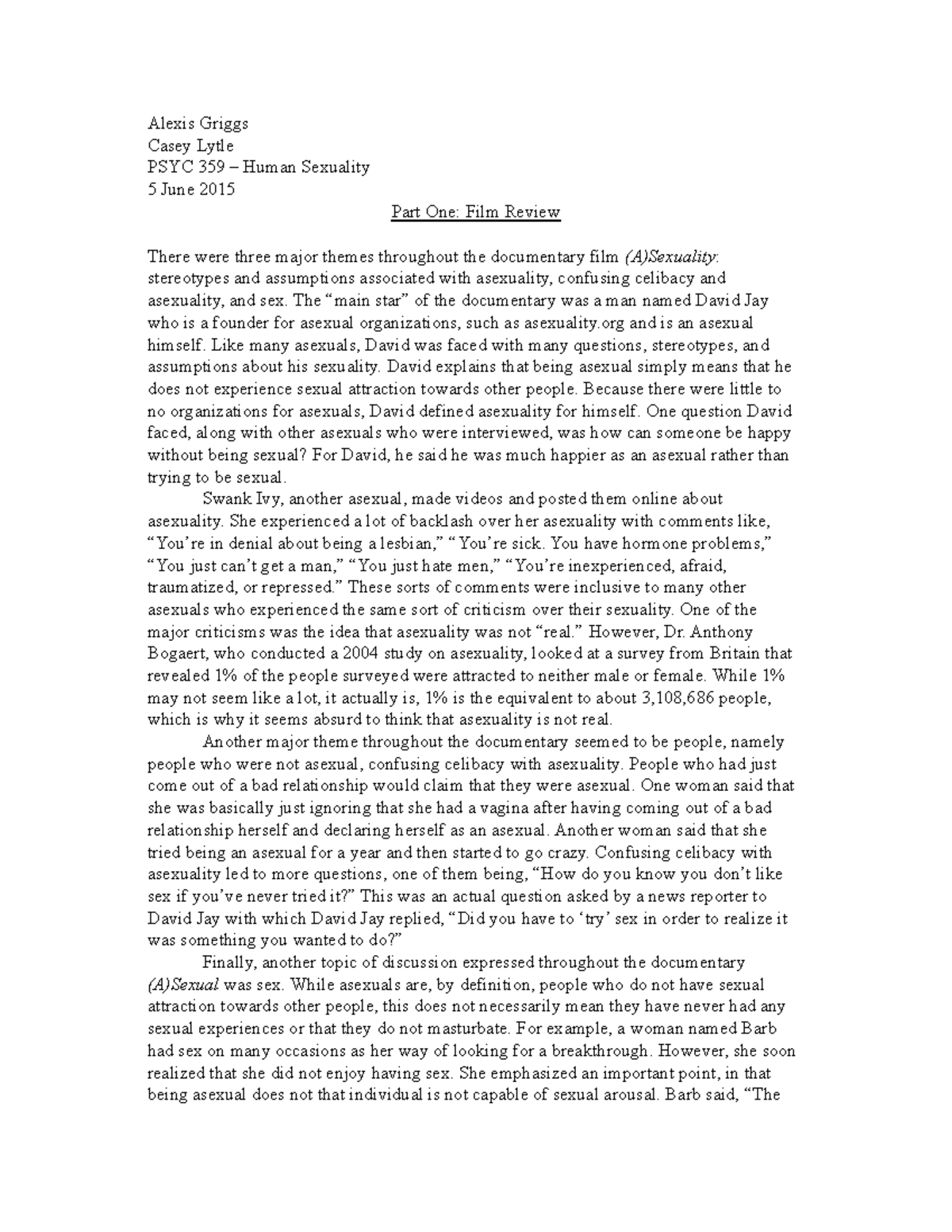 Official Film Paper for Human Sexuality - Alexis Griggs Casey Lytle ...