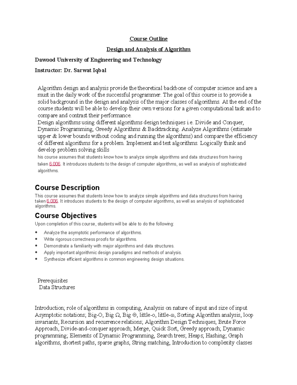 Course outline AOA - Course Outline Design and Analysis of Algorithm ...