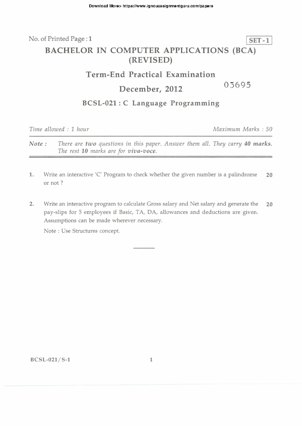BCSL 021 previous year question paper - No. of Printed Page : 1 SET ...