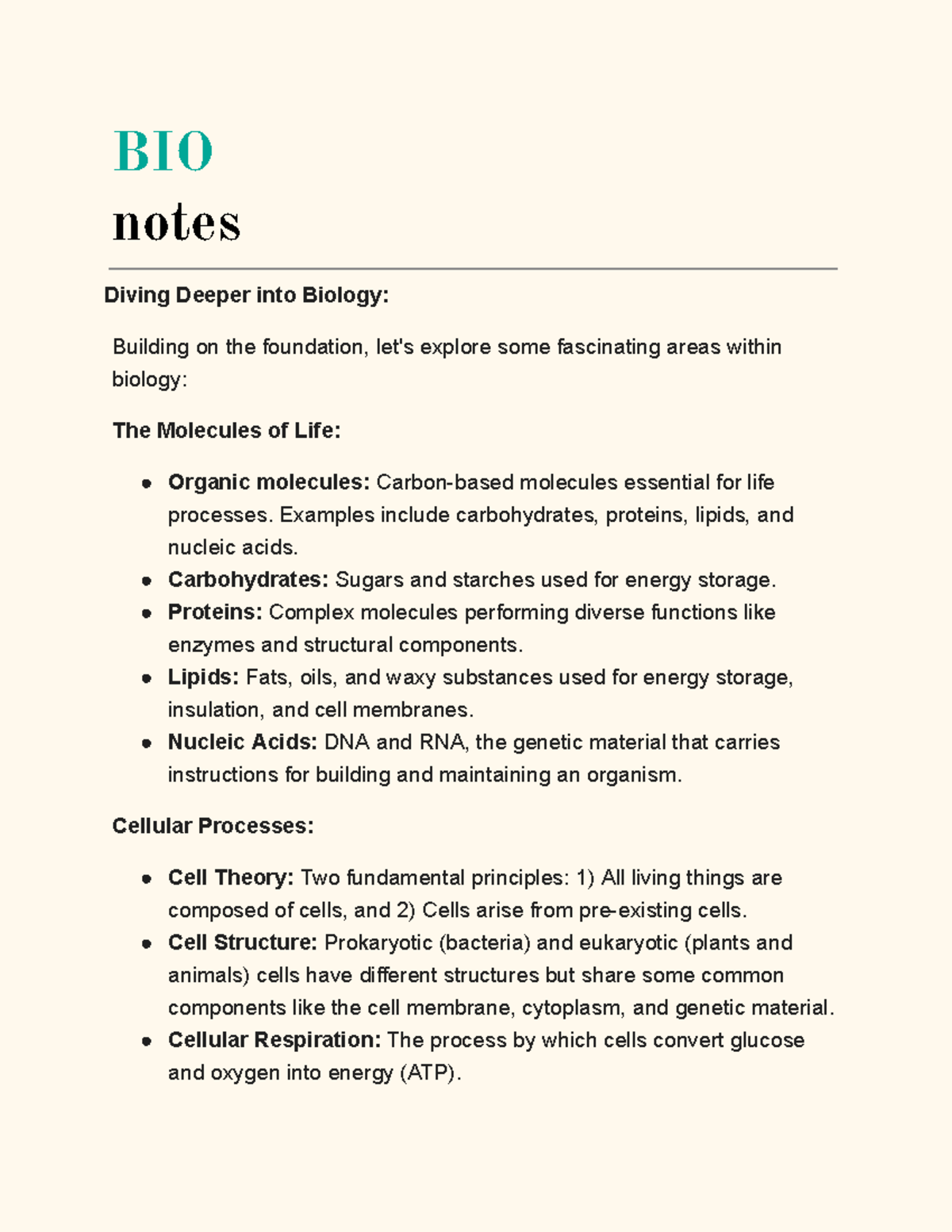 Biology Class Notes - BIO notes Diving Deeper into Biology: Building on ...