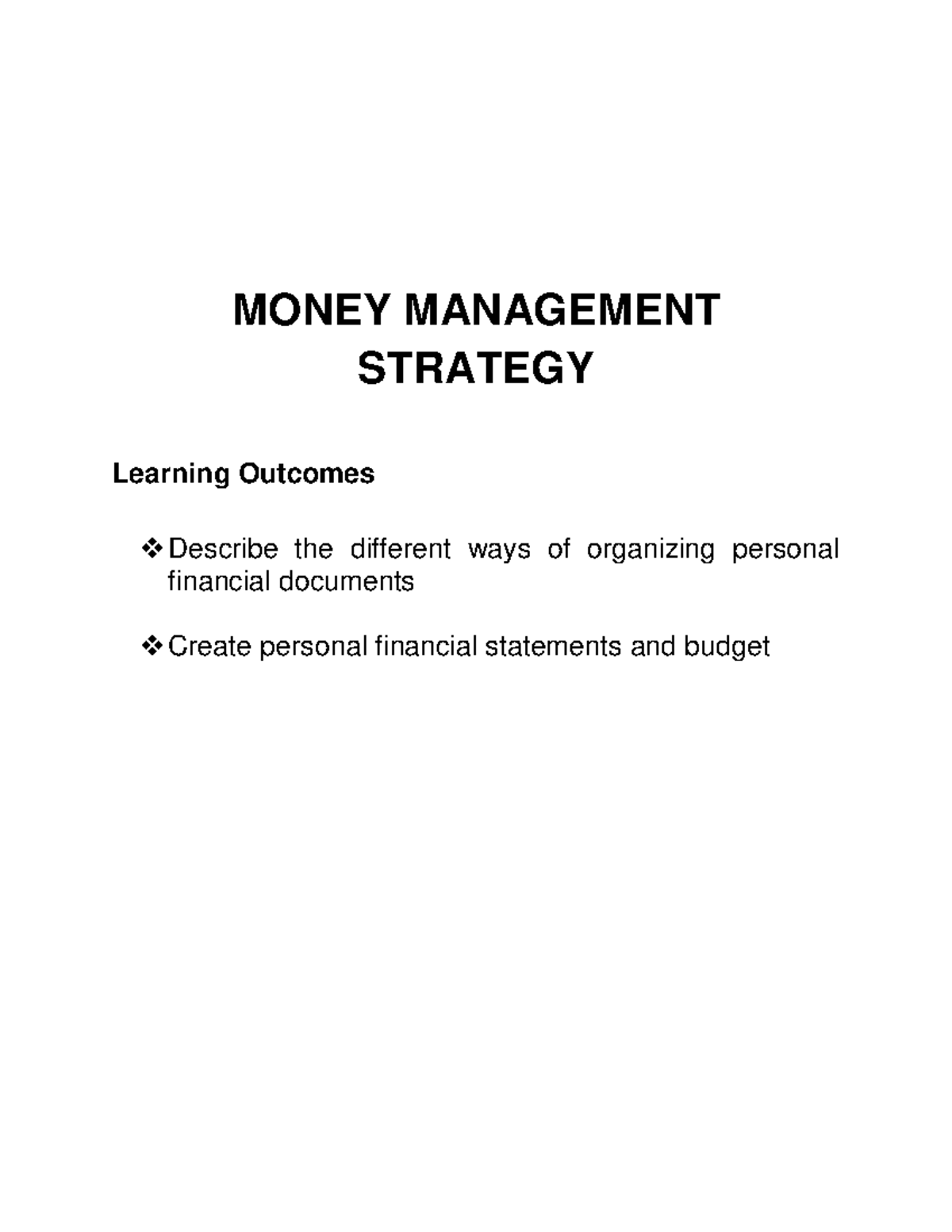 2 Money Management Strategy - MONEY MANAGEMENT STRATEGY Learning ...