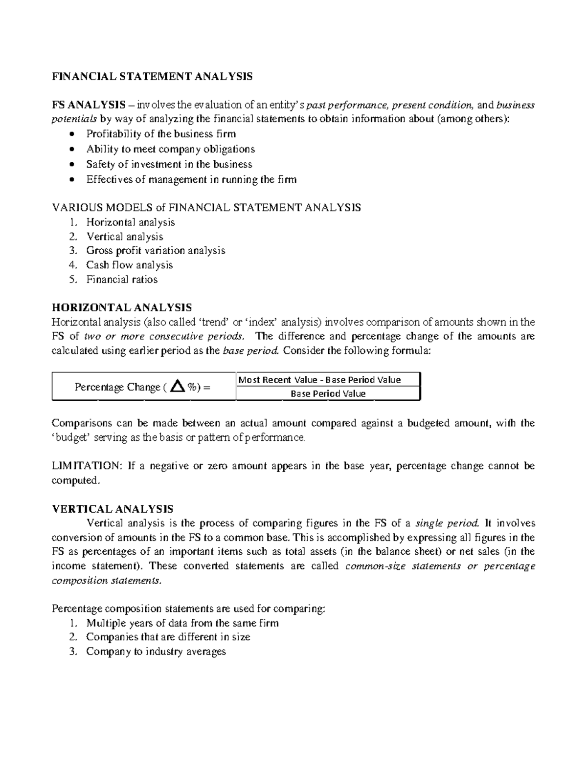 FS Analysis - FINANCIAL STATEMENT ANALYSIS FS ANALYSIS – involves the evaluation of an entity9s ...