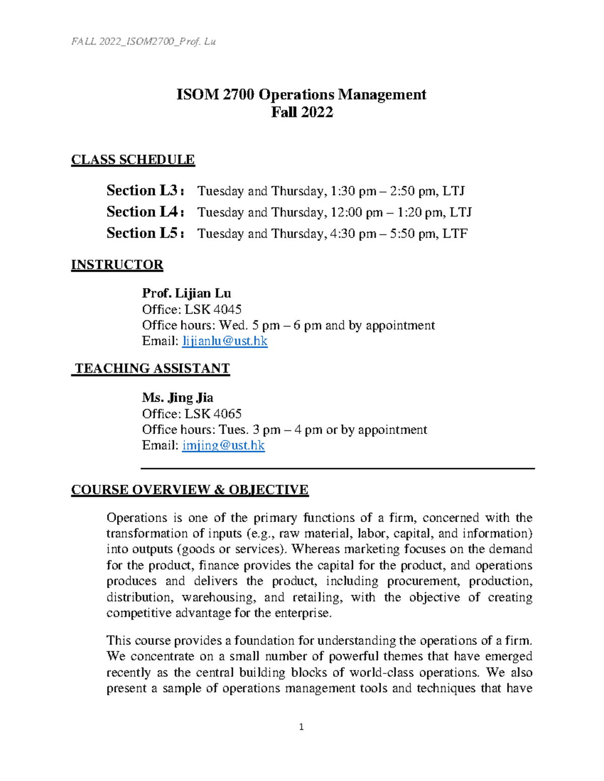 ISOM2700 L3 L5 2210 - ISOM 2700 Operations Management Fall 2022 CLASS ...