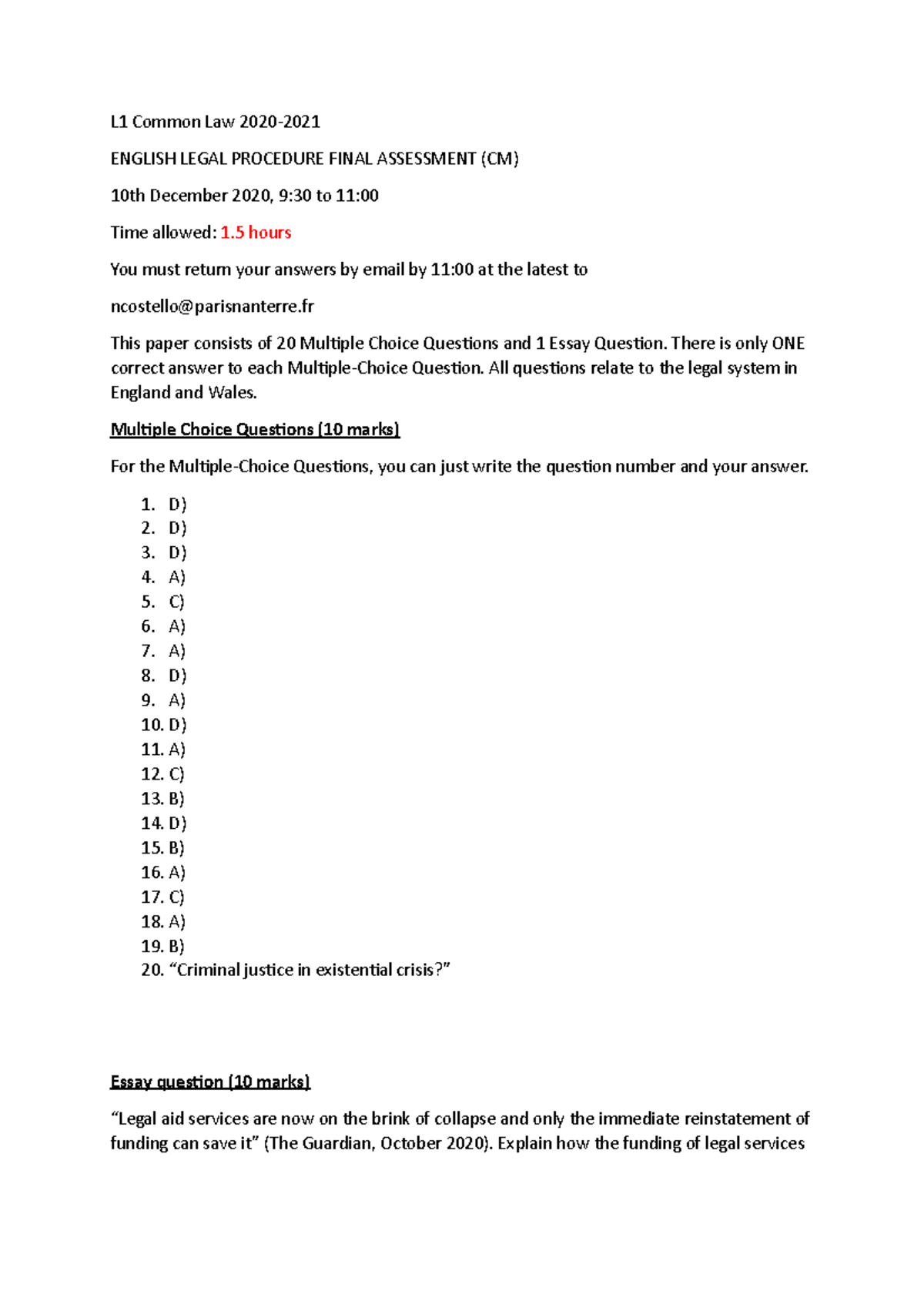 CM Assessment - Lecture notes 1-2 - L1 Common Law 2020- ENGLISH LEGAL ...