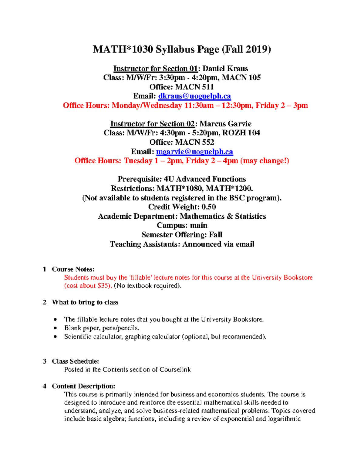 MATH 1030 F19 outline - MATH*1030 Syllabus Page (Fall 2019) Instructor ...