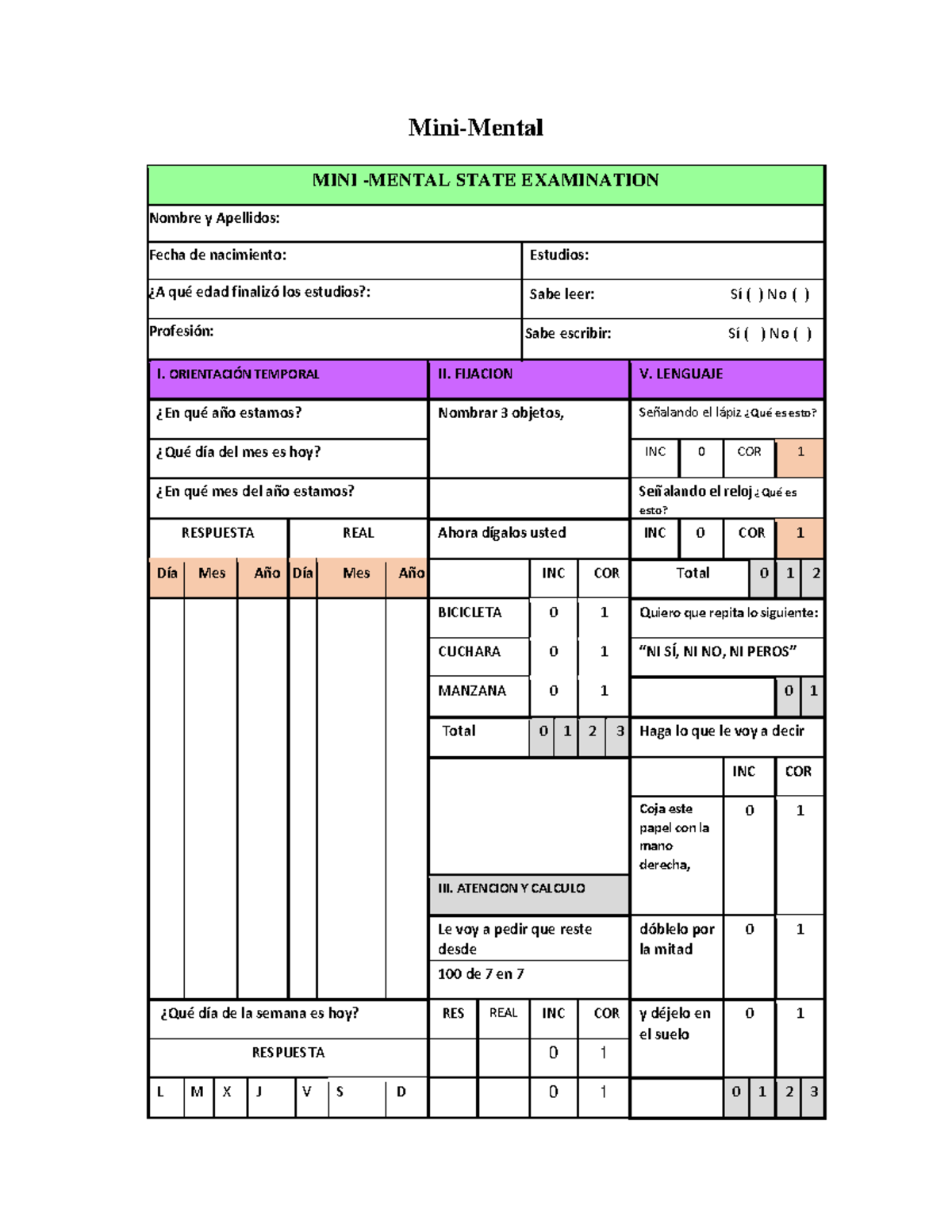 Mini-Mental Test - Mini-Mental MINI - MENTAL STATE EXAMINATION Nombre y ...