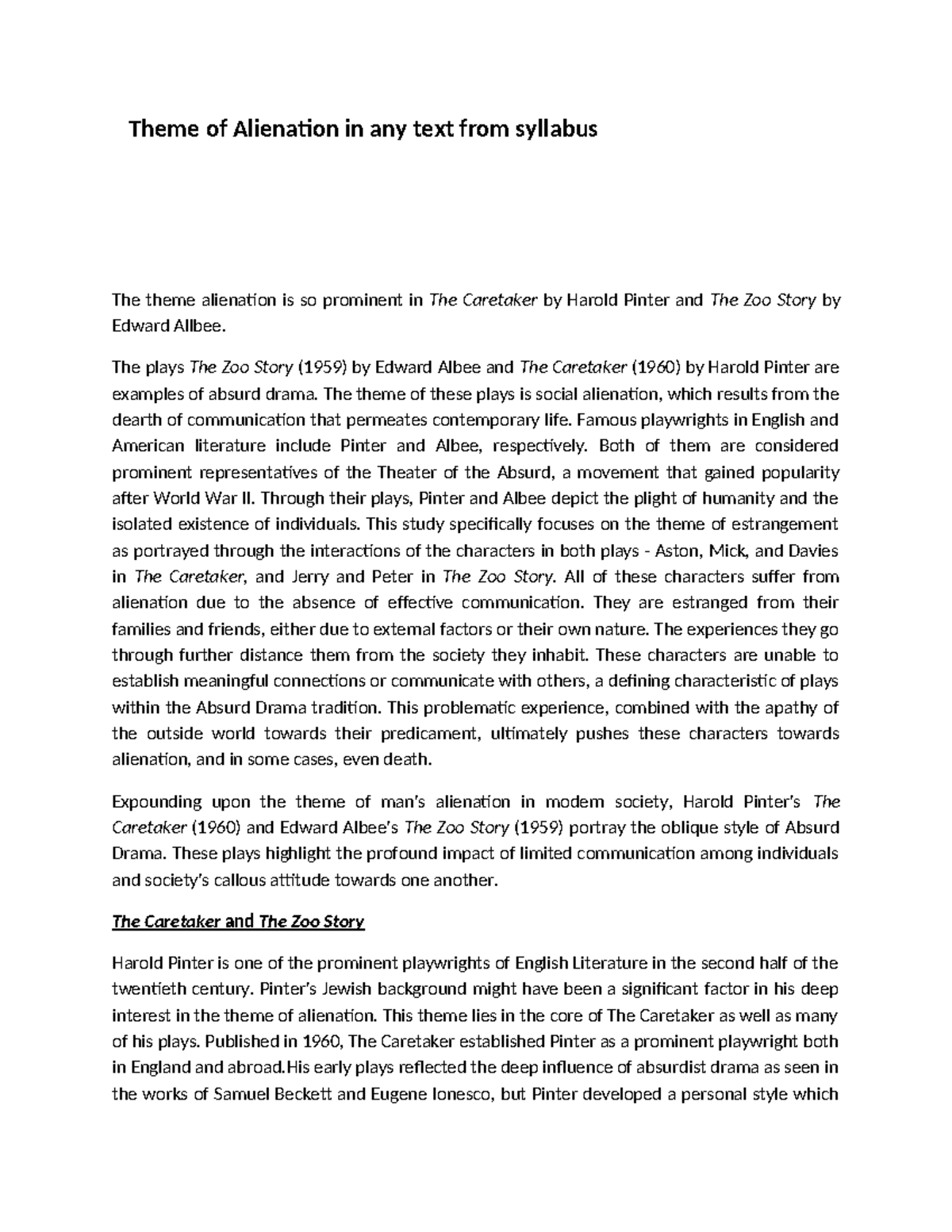 Assignment SA - Theme of Alienation in any text from syllabus The theme ...