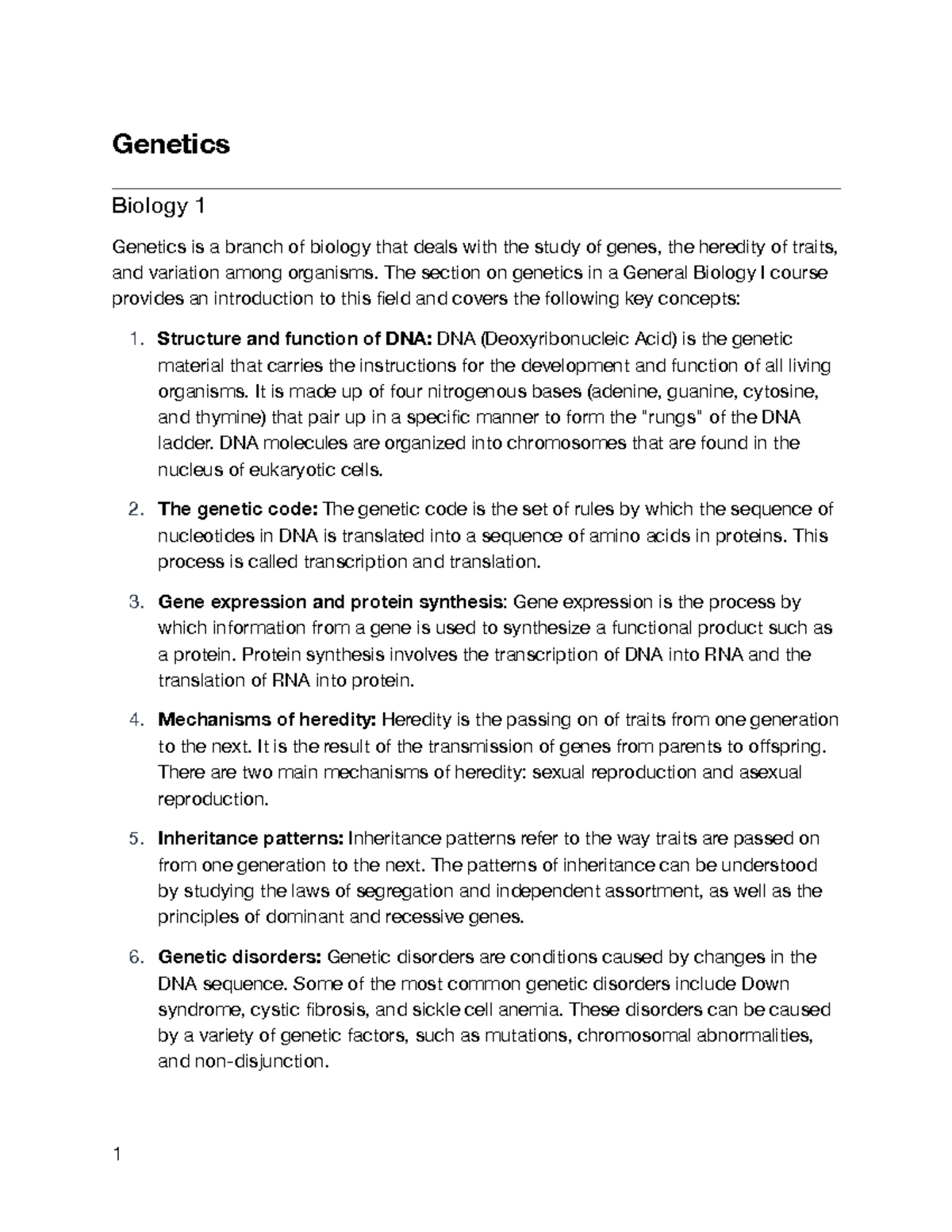 Genetics Summary Bio 1 - Genetics Biology 1 Genetics is a branch of ...