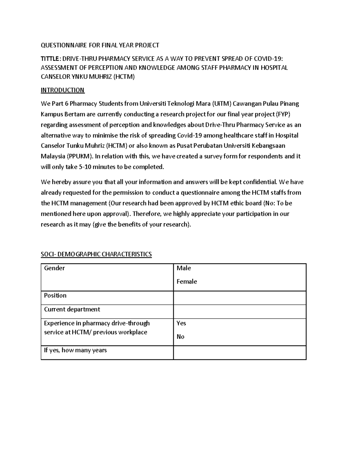 Questionnaire FOR Final YEAR Project - QUESTIONNAIRE FOR FINAL YEAR ...