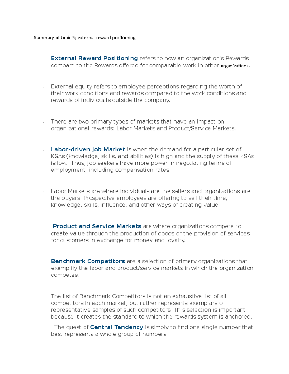 External reward positioning - Summary of topic 5; external reward ...