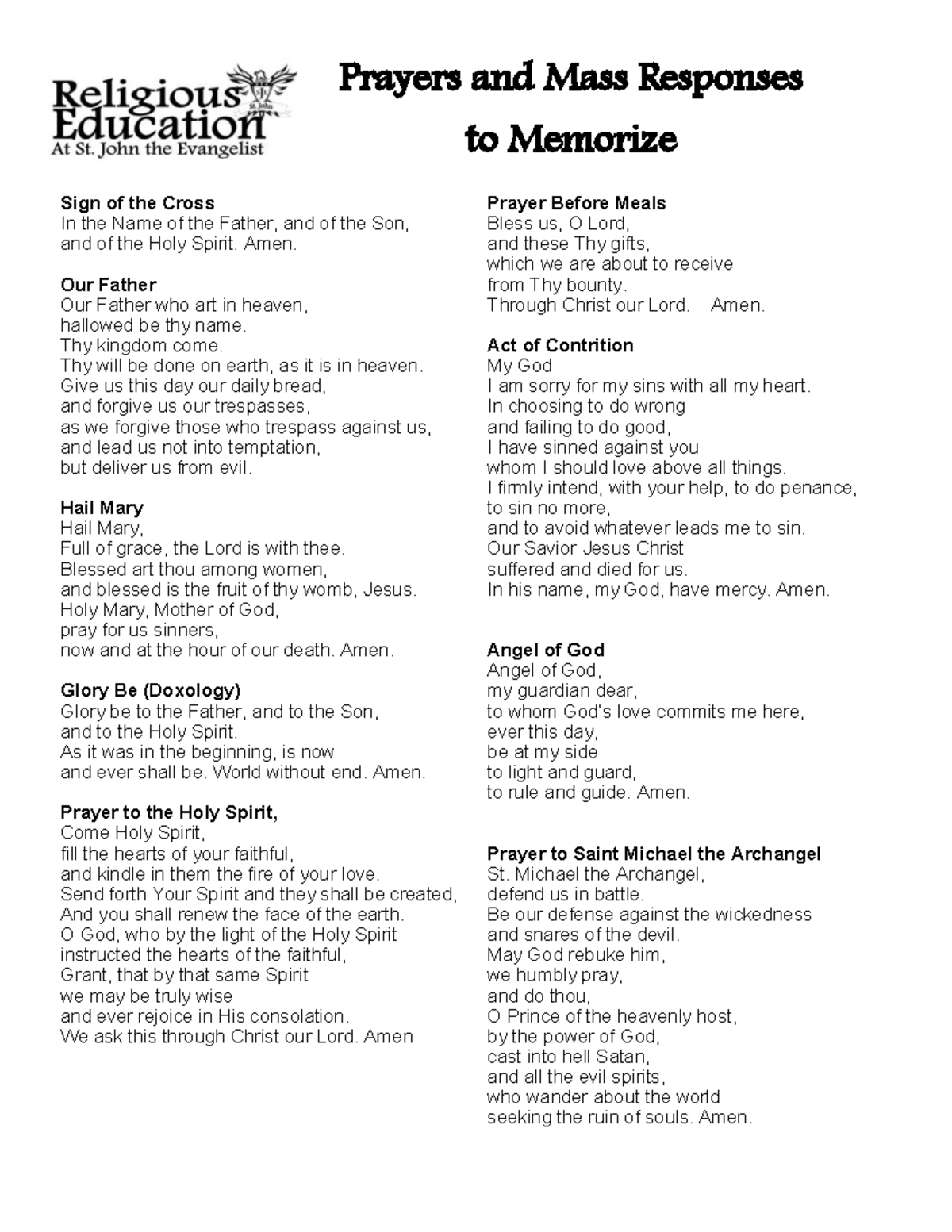 Prayers Mass Responses to Memorize 2016 17 - Prayers and Mass Responses ...