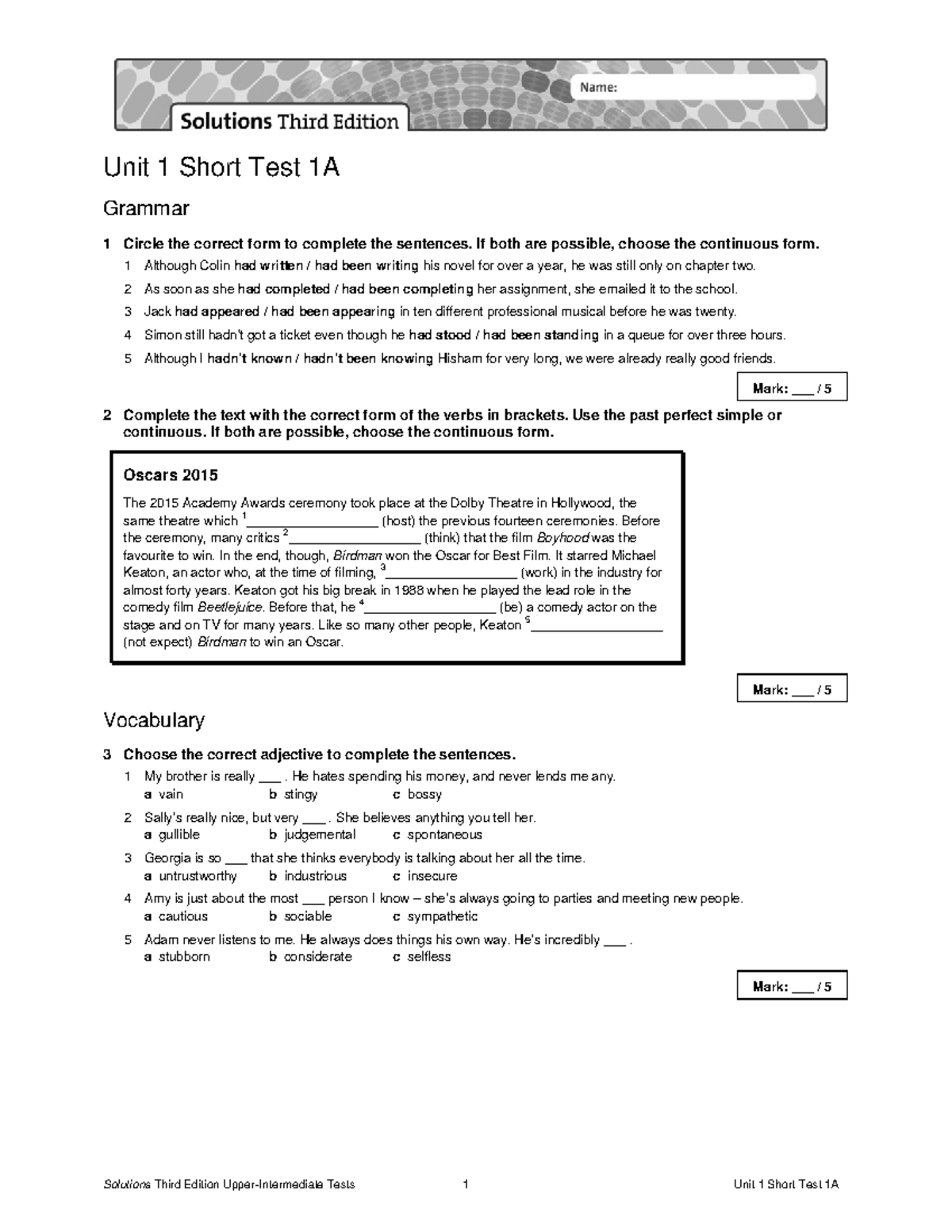 Sol3e uppint u1 short test 1a - Solutions Third Edition Upper ...