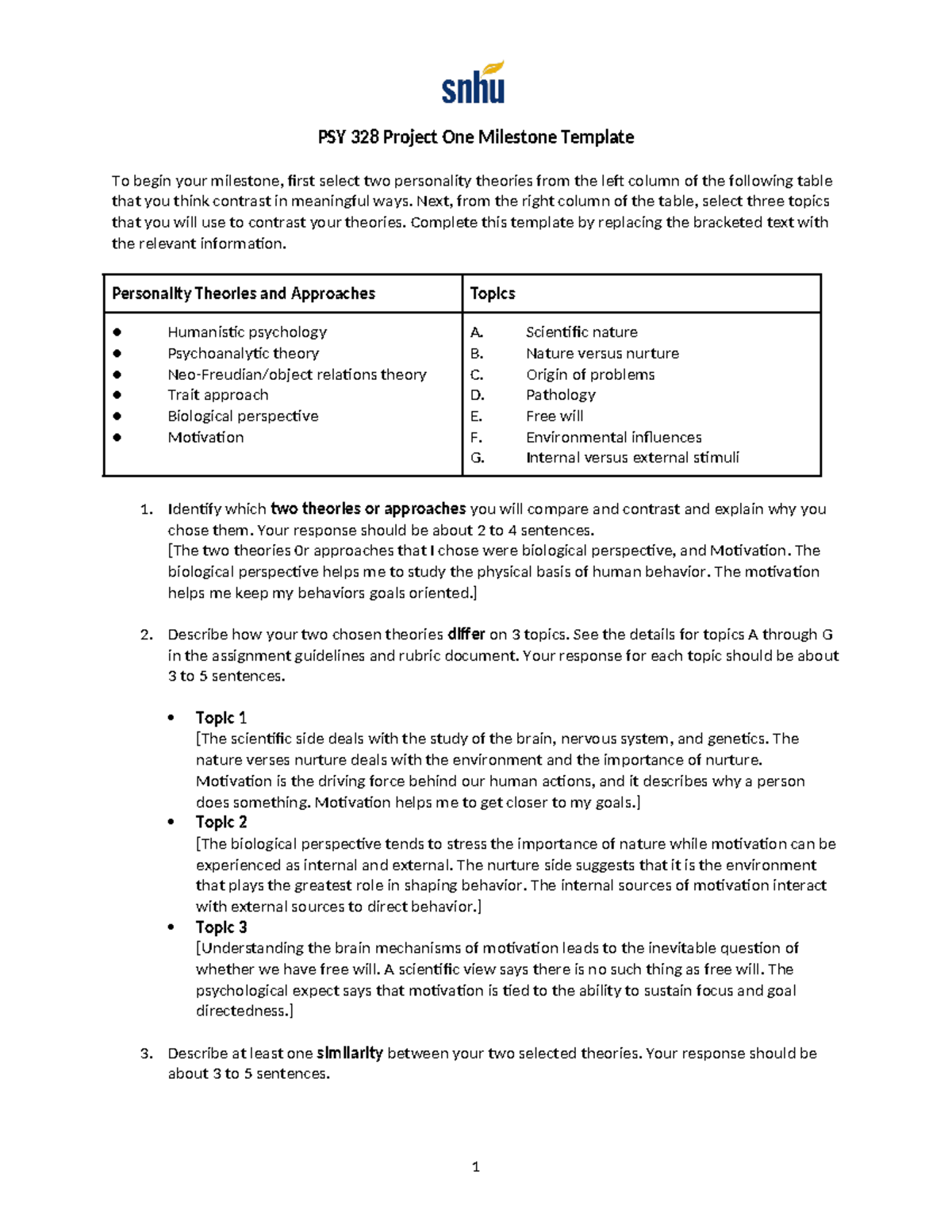 PSY 328 Project One Milestone Template - Next, from the right column of ...