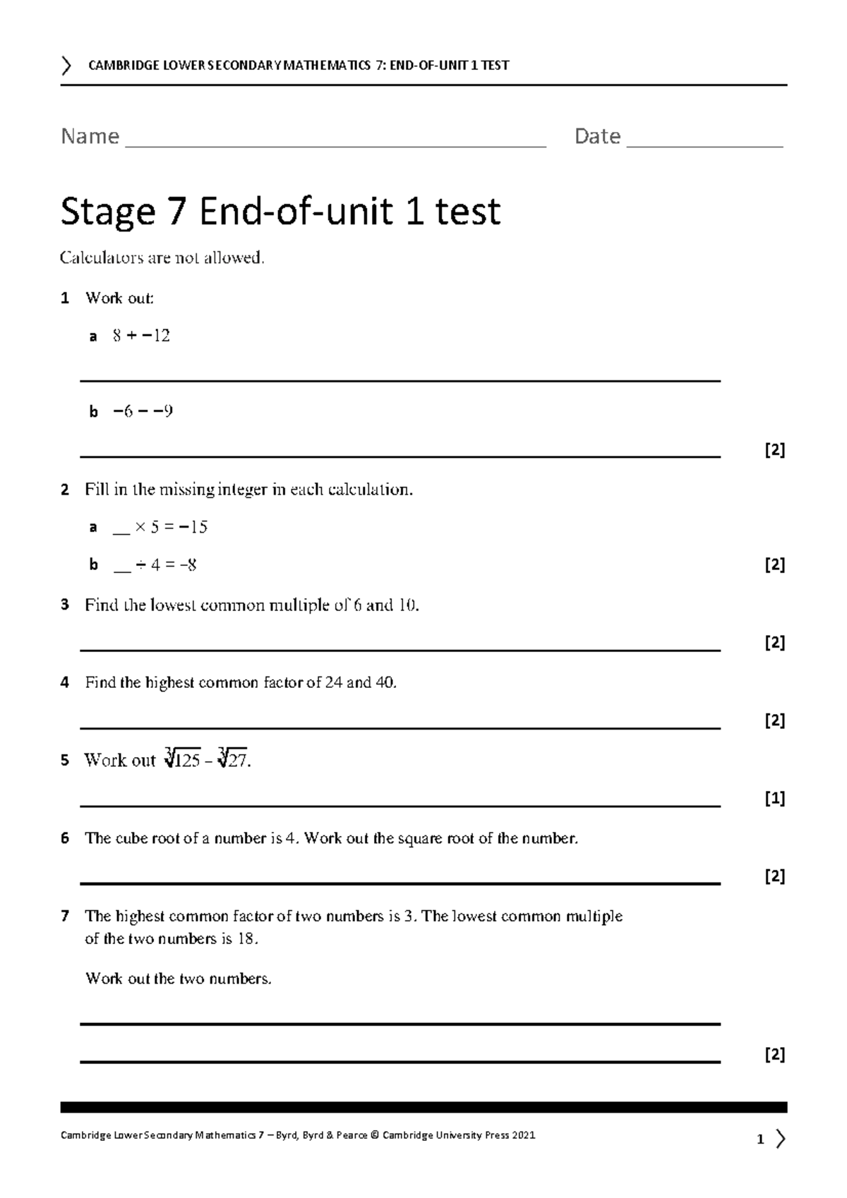 End of unit test - CAMBRIDGE LOWER SECONDARY MATHEMATICS 7: END-OF-UNIT ...