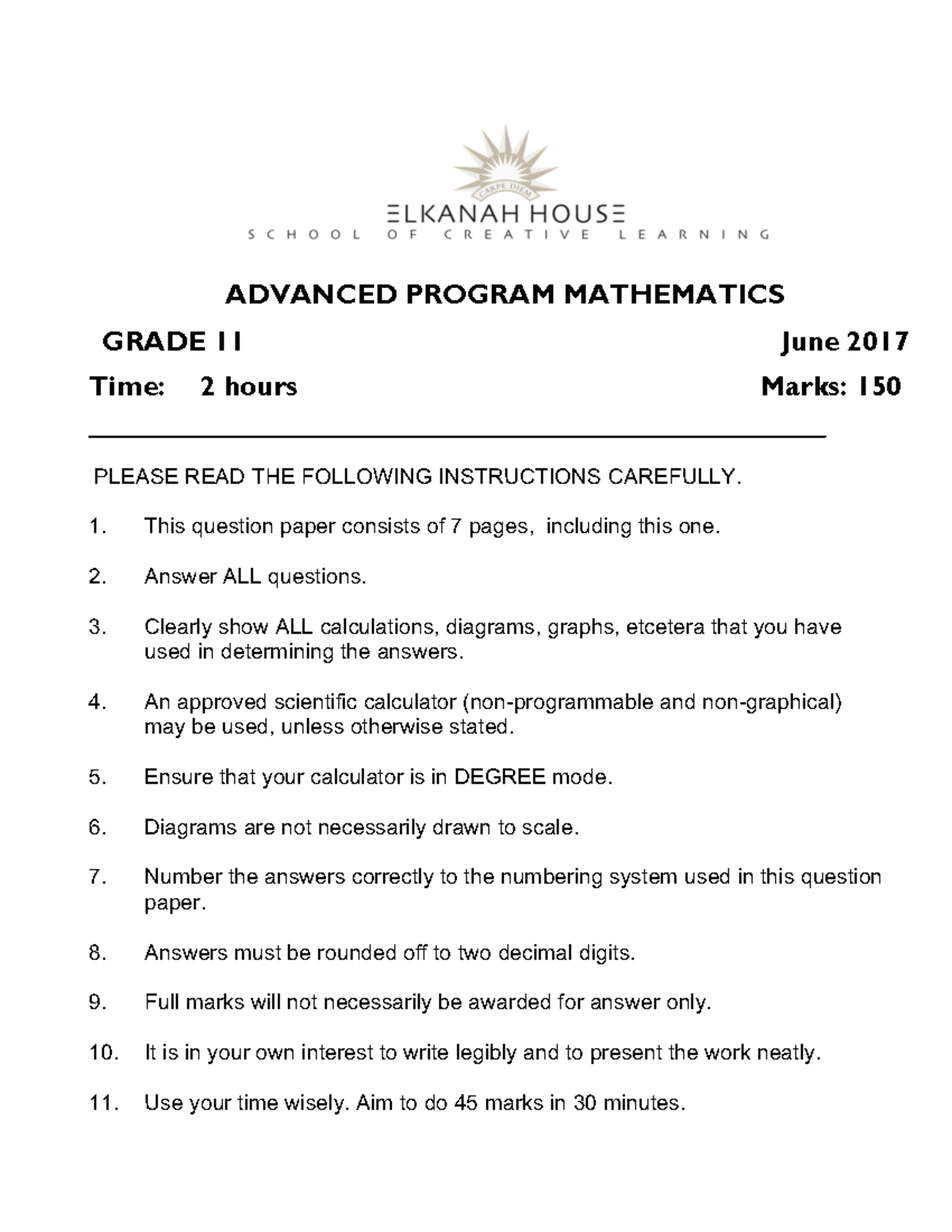 EH 11 APM June 2017 - this is an AP maths exam - ADVANCED PROGRAM ...